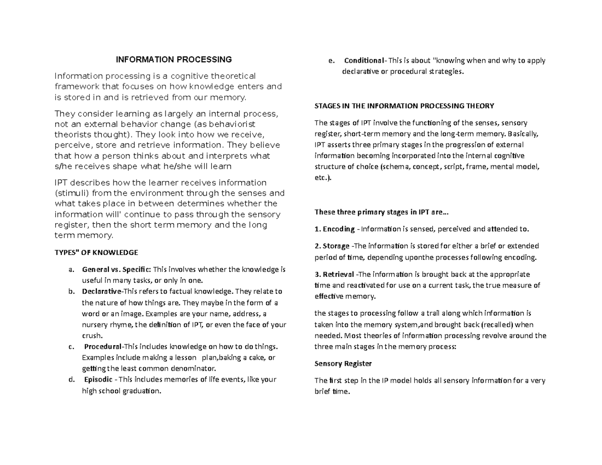 HAND OUTS - PHYSICAL FITNESS - INFORMATION PROCESSING Information ...