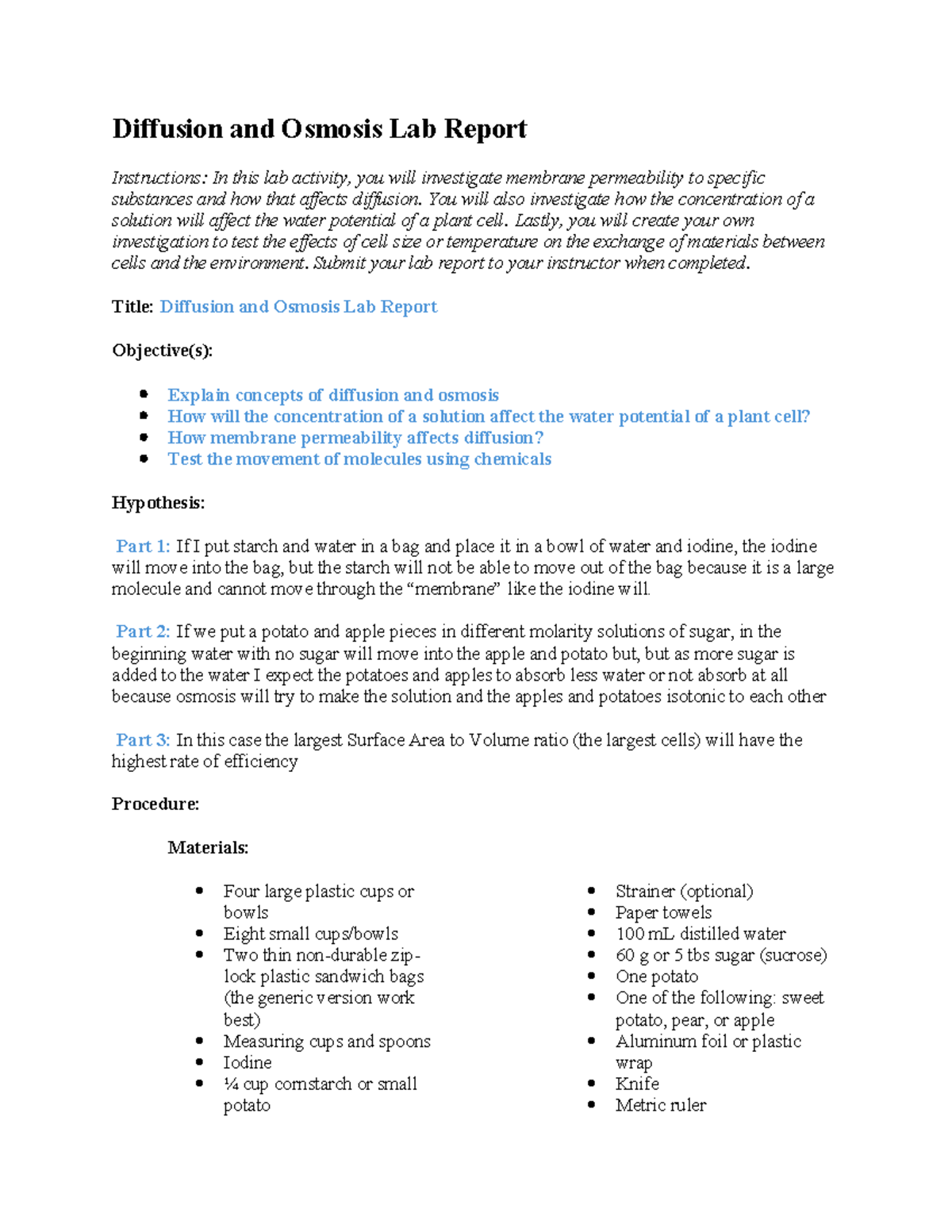 Diffusion and Osmosis Lab Report - Diffusion and Osmosis Lab Report Instructions: In this lab ...