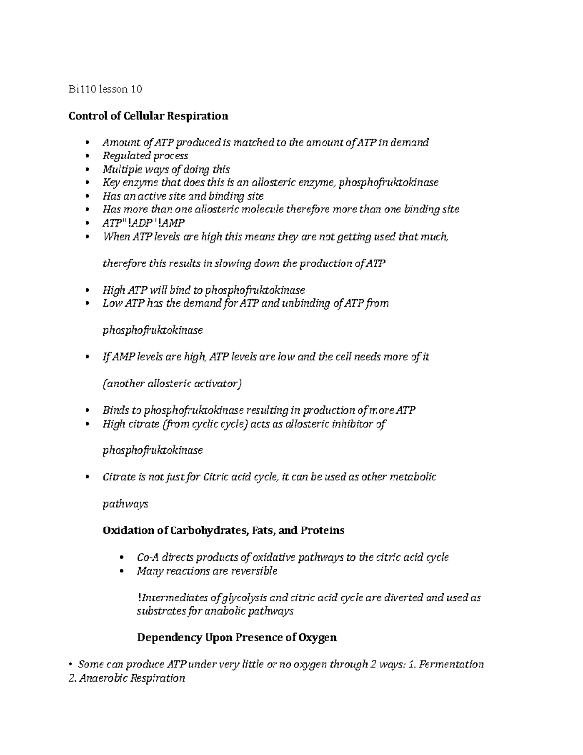 Bi110 lesson 10 - business notes - Bi110 lesson 10 Control of Cellular ...