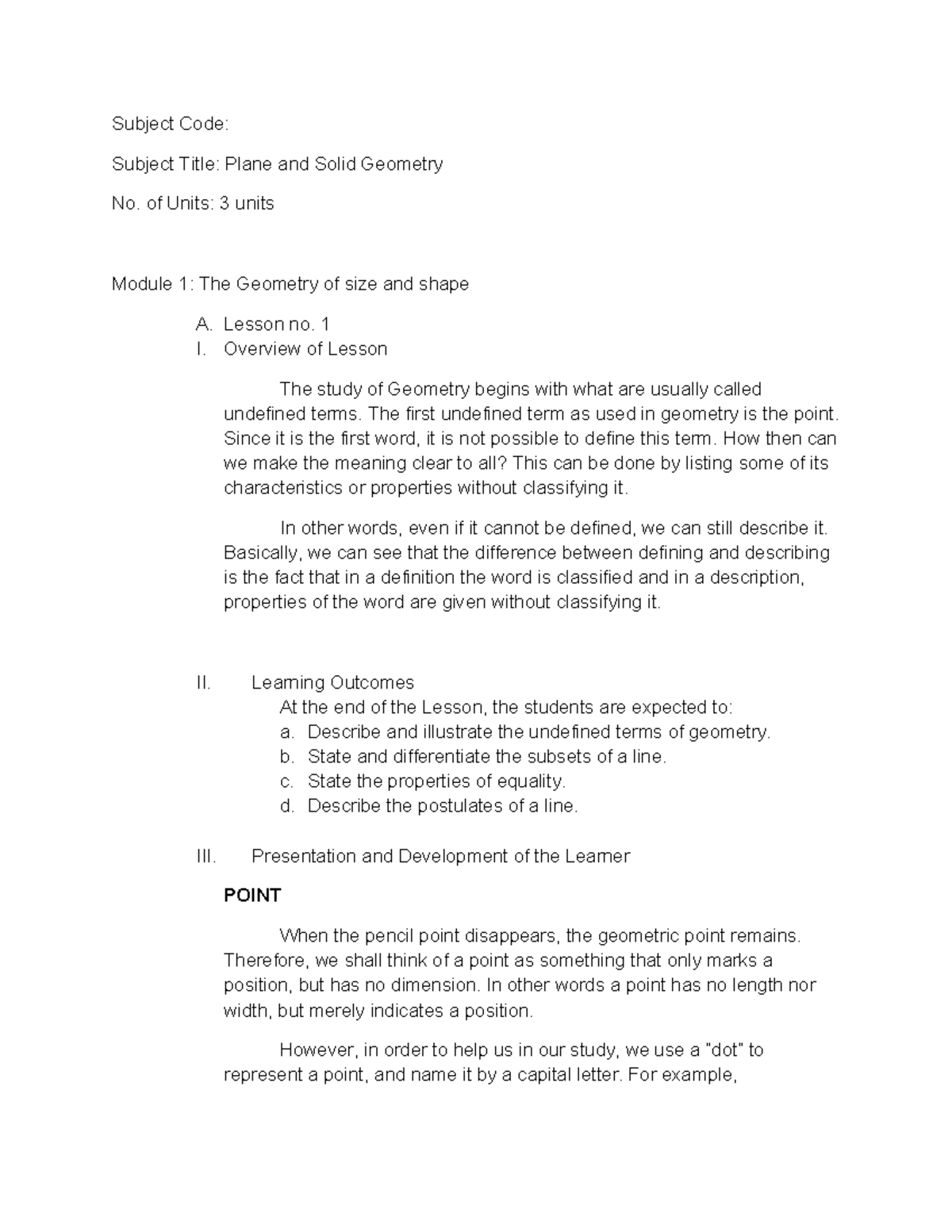 Plane and Solid Geometry Module 1 - Subject Code: Subject Title: Plane ...