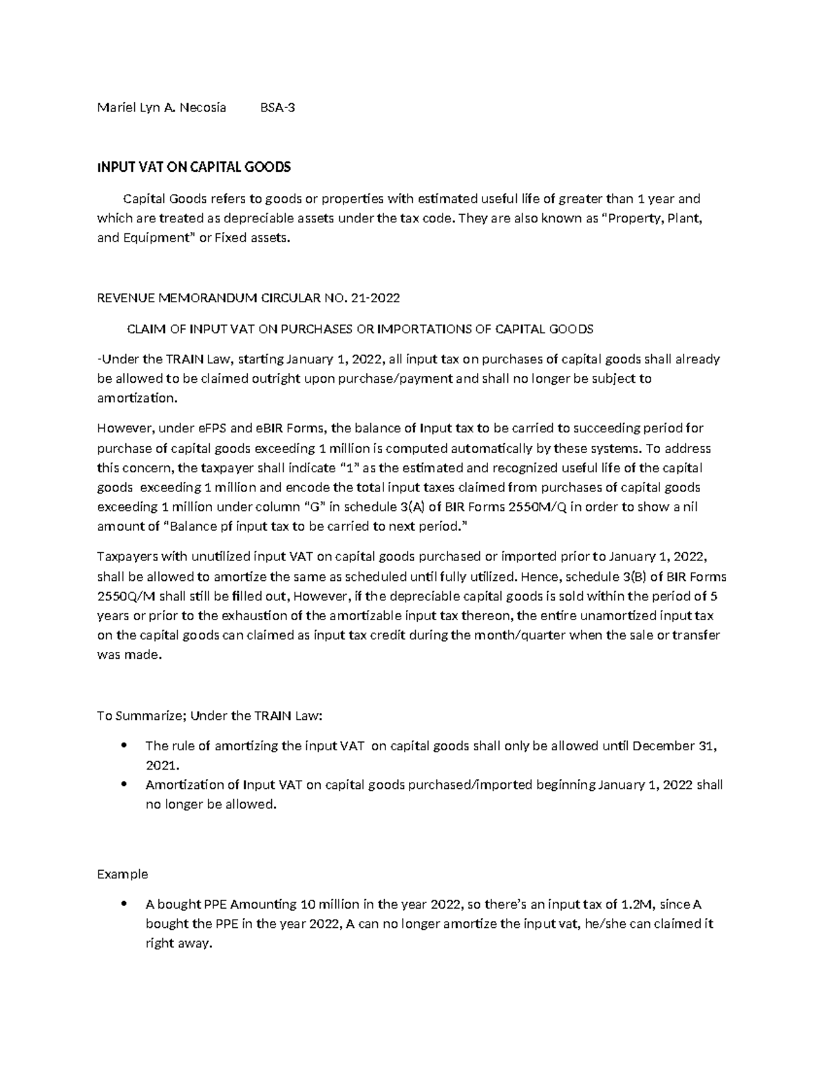 Input VAT ON Capital Goods - Mariel Lyn A. Necosia BSA- INPUT VAT ON ...