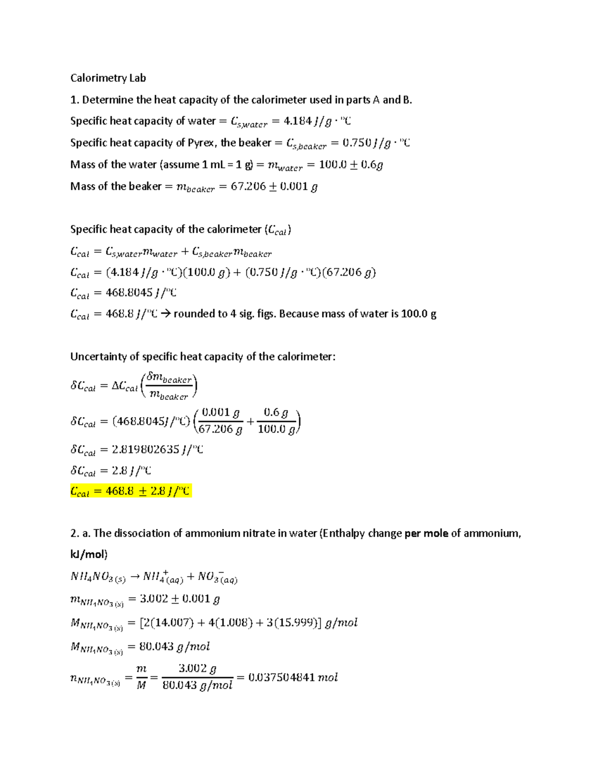 calorimetry lablab - Calorimetry Lab Determine the heat capacity of the ...