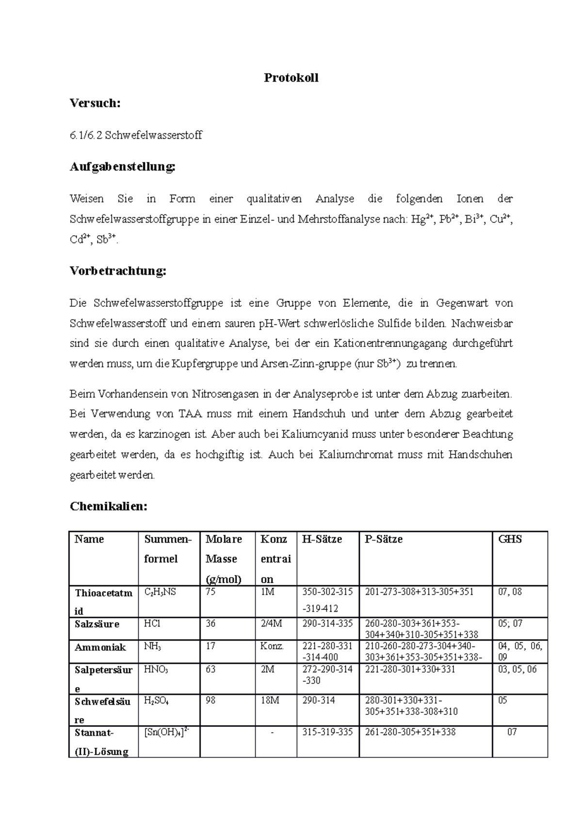 Protokoll Kationen II Schwefelsäuregruppe - Protokoll Versuch: 6.1/6 ...