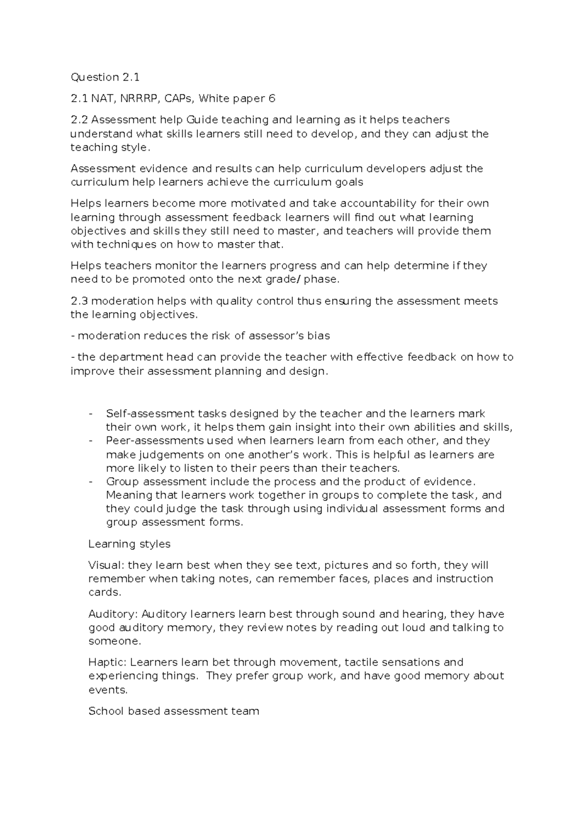 Question 2 - STUDY NOTES - Question 2. 2 NAT, NRRRP, CAPs, White paper ...