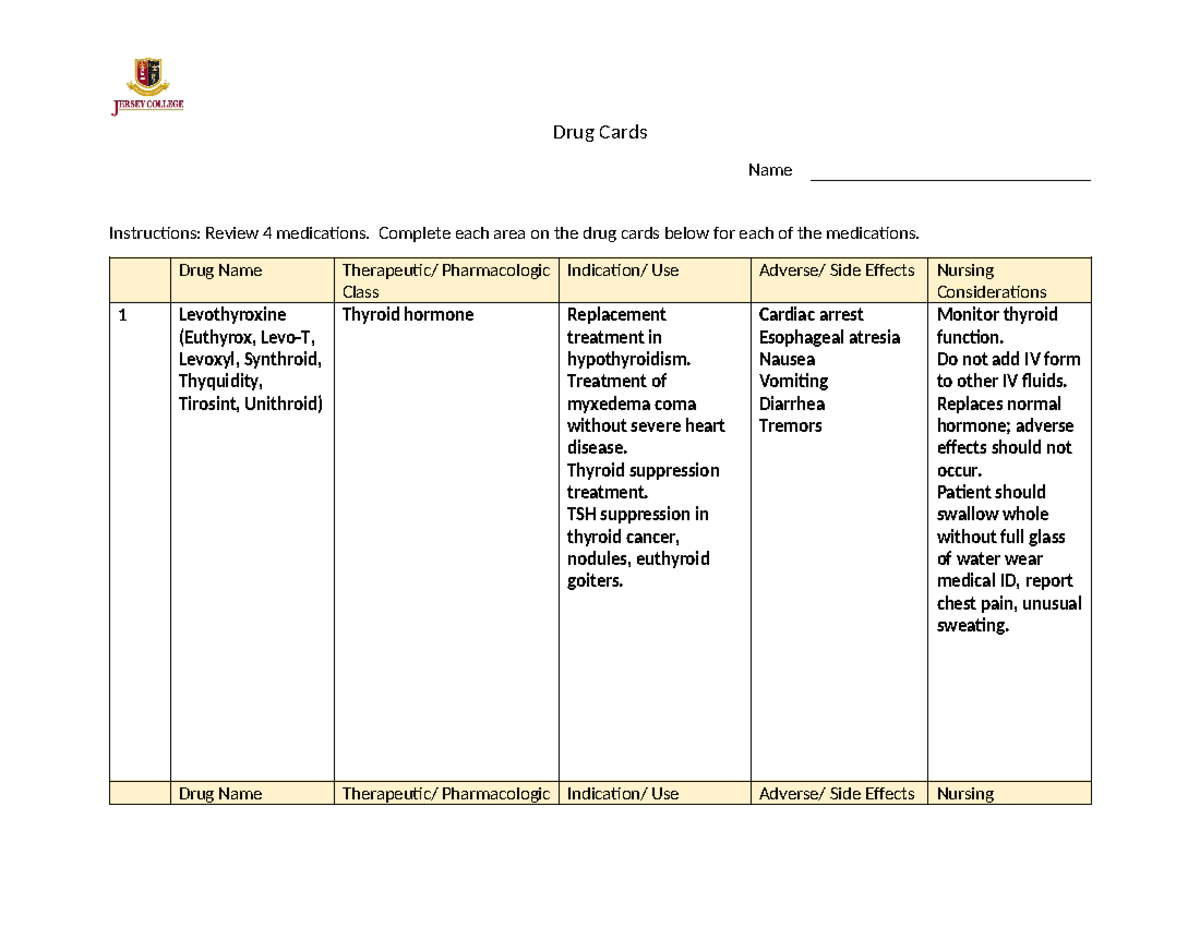 Drug Card - Drug Cards Name Instructions: Review 4 medications ...