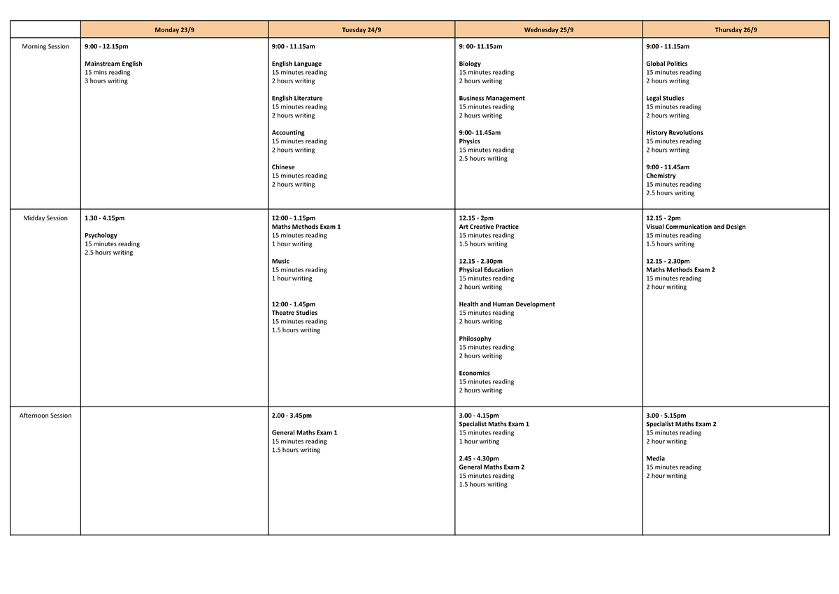 3 4 Practice Exam Schedule 2024 - Monday 23/9 Tuesday 24/9 Wednesday 25 ...