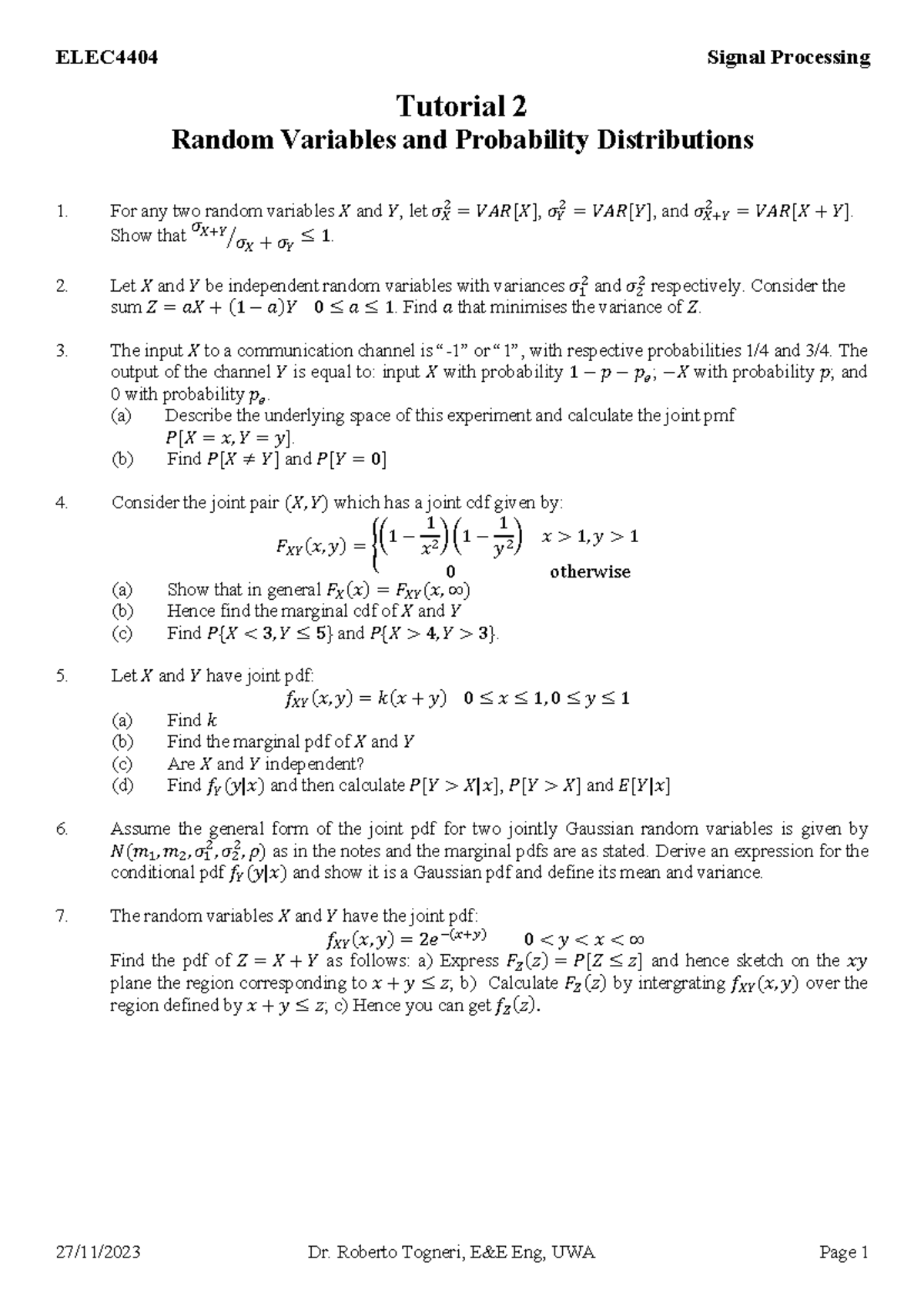 Tute2 - Tutorial 2 - ELEC4404 Signal Processing 27/11/2023 Dr. Roberto ...