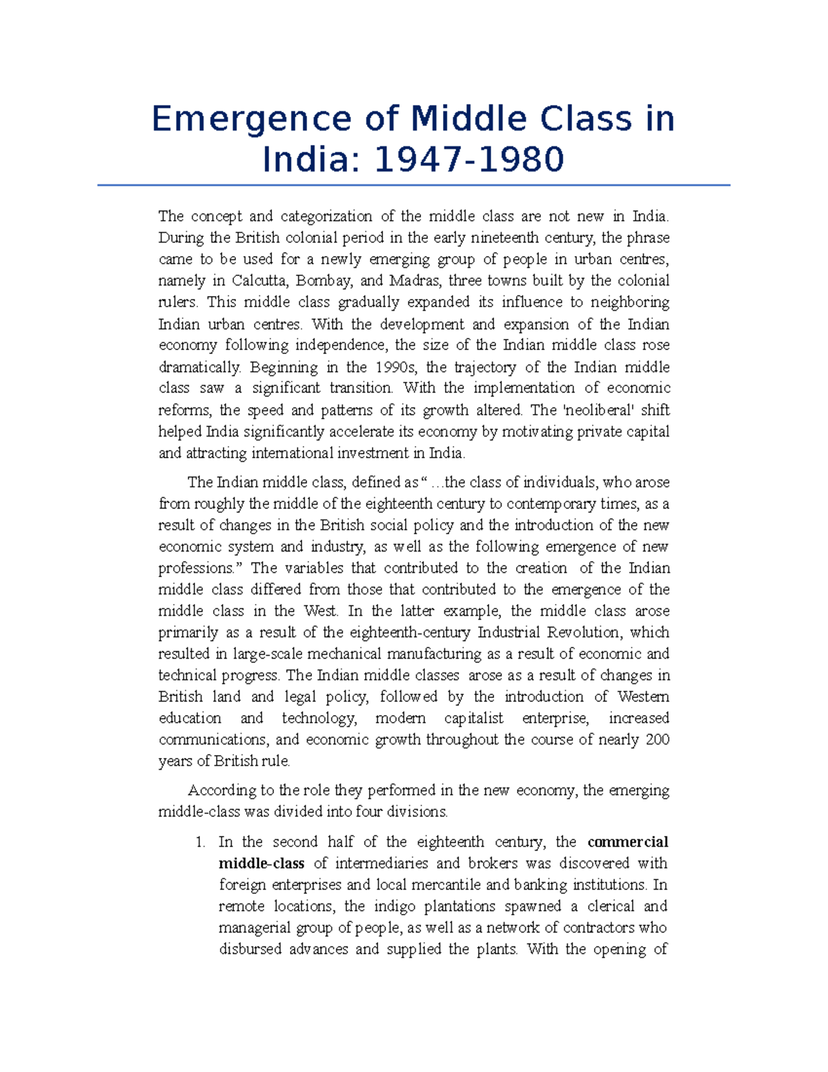 Emergence Of Middle Class In India Between 1947 1980 Emergence Of