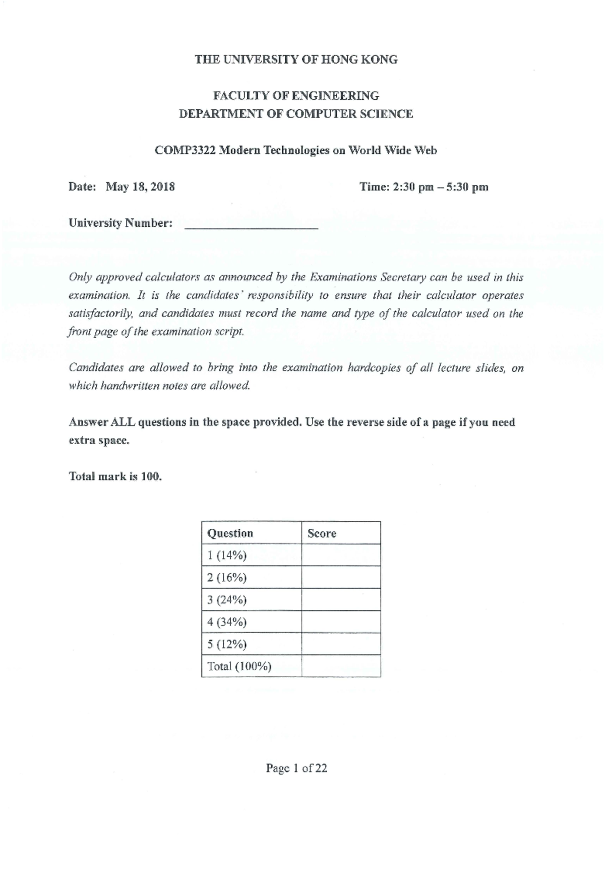 Past Paper May - THE UNIVERSITY OF HONG KONG FACULTY OF ENGINEERING ...