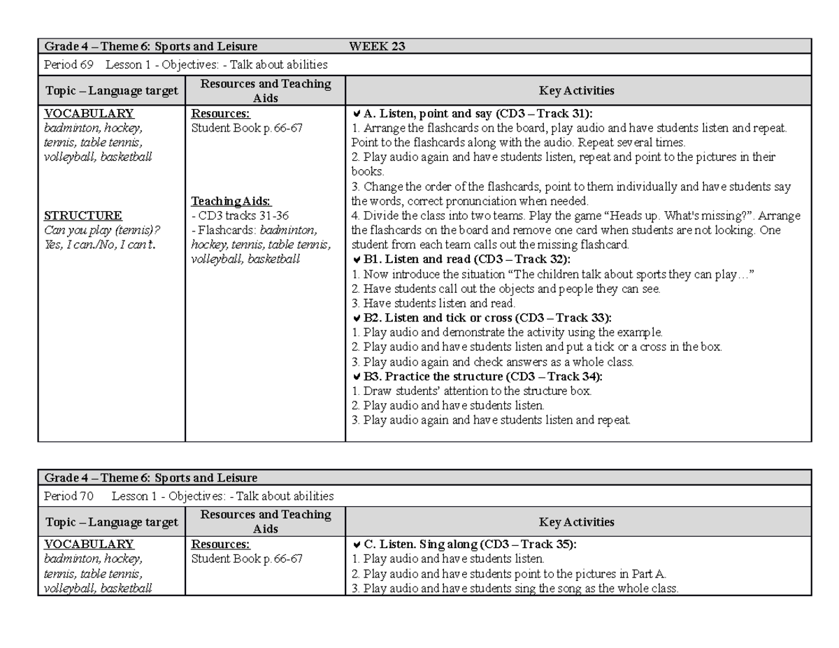 W 23 24 - free download - Grade 4 – Theme 6: Sports and Leisure WEEK 23 ...