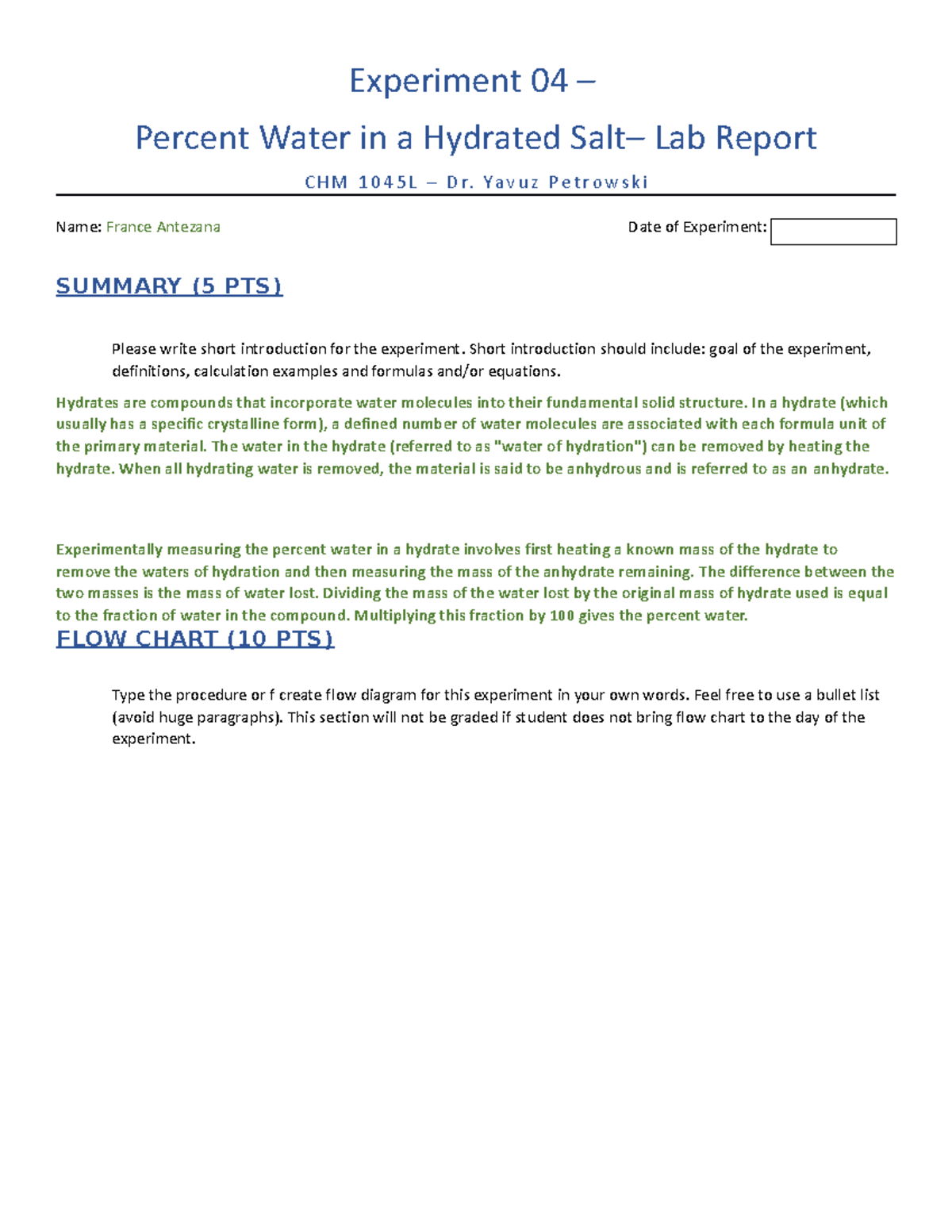 Exp4-Lab Report-Lab4-Precent Water in a Hydrated Salt-2 - Experiment 04 – Percent Water in a ...