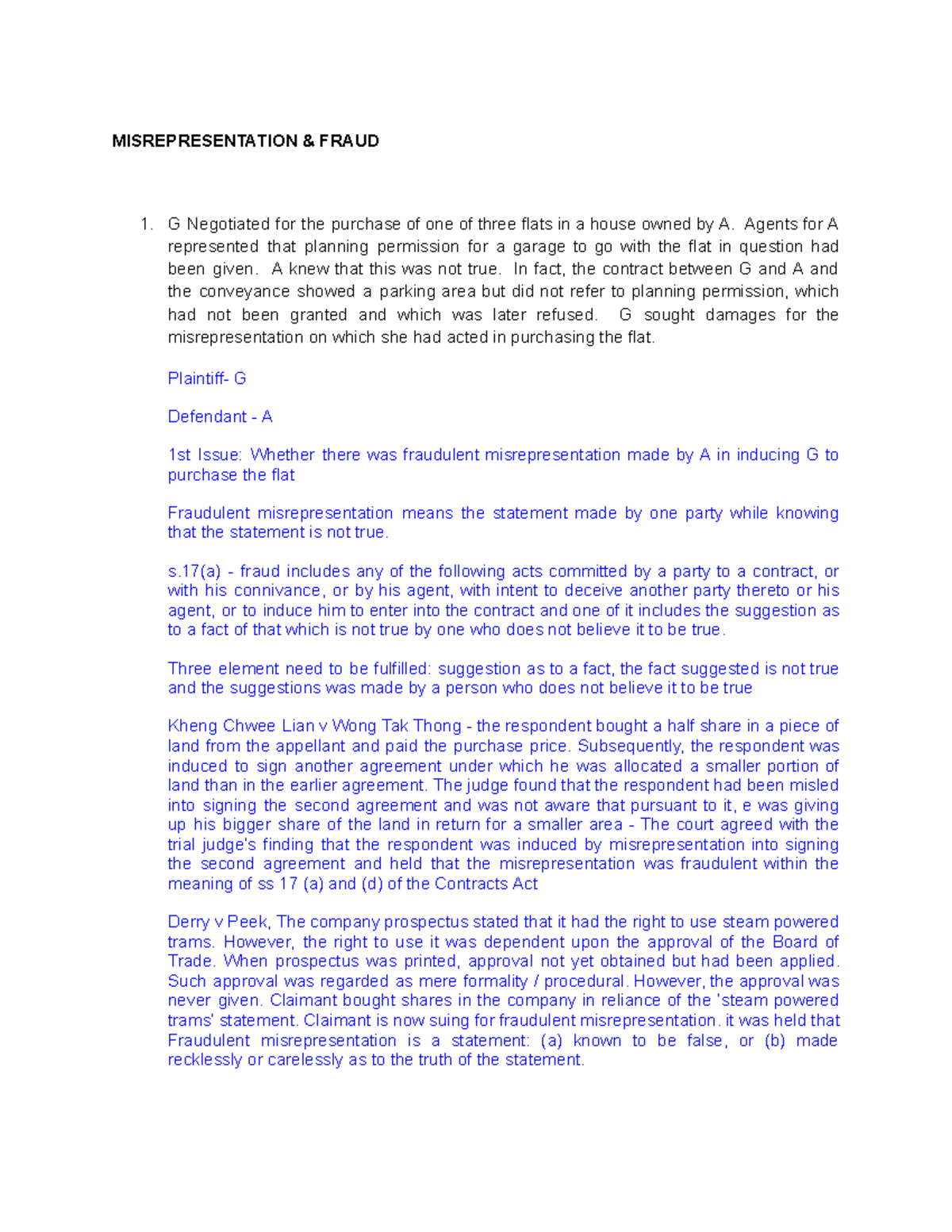 LIA1009 - tuto week 6 - fraud & misrepresentation - MISREPRESENTATION ...
