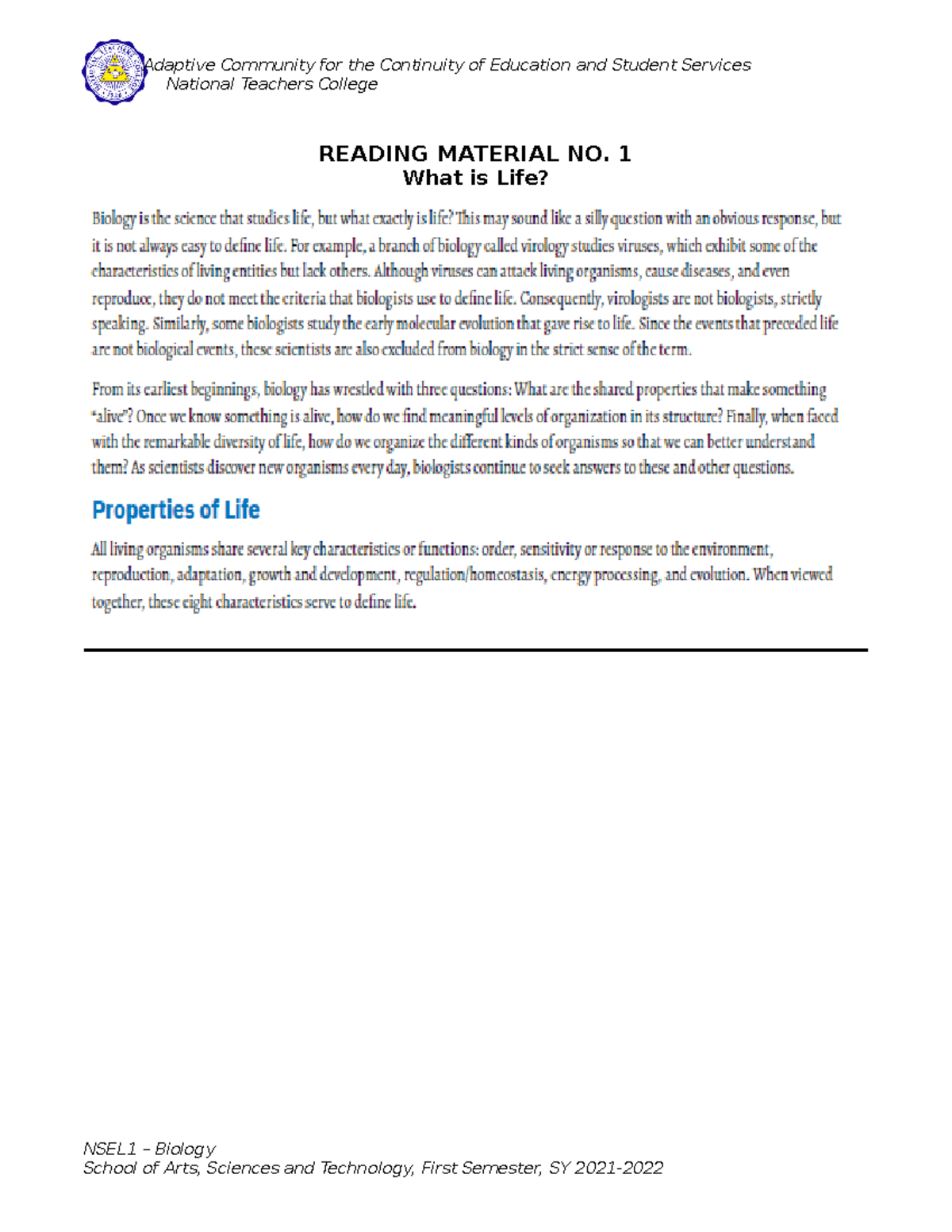 Reading Material No. 1 (Prelims) - Biology - National Teachers College ...