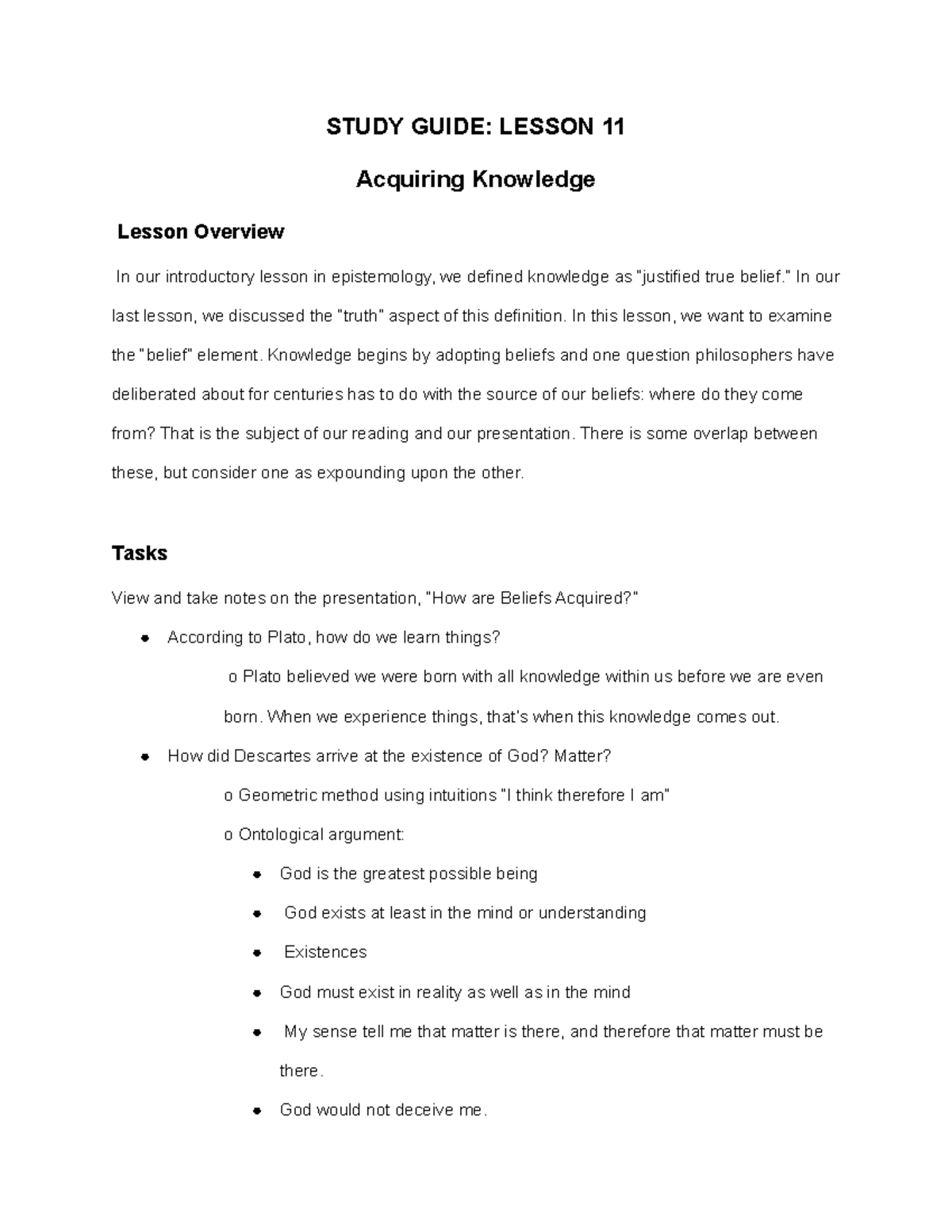 PHIL 201 Lesson 11 Acquiring Knowledge - STUDY GUIDE: LESSON 11 ...