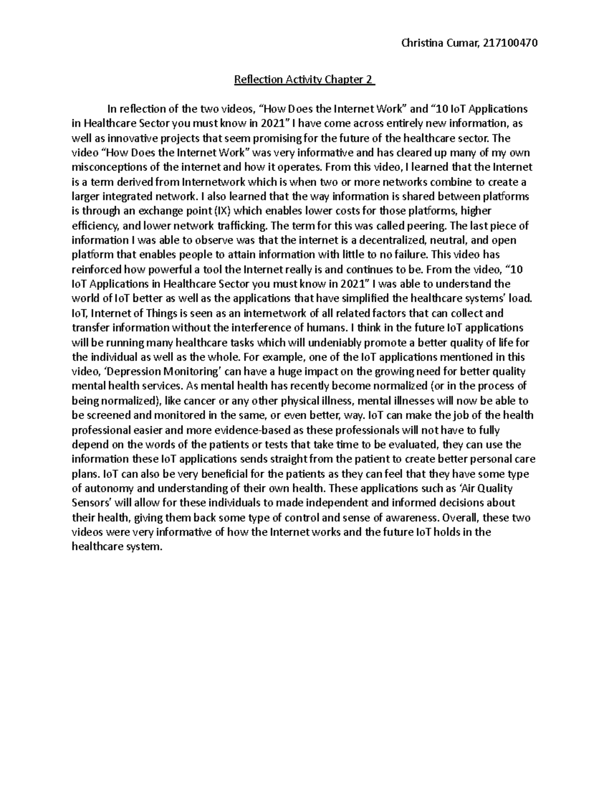 Reflection Activity Chapter 2 - Christina Cumar, 217100470 Reflection ...