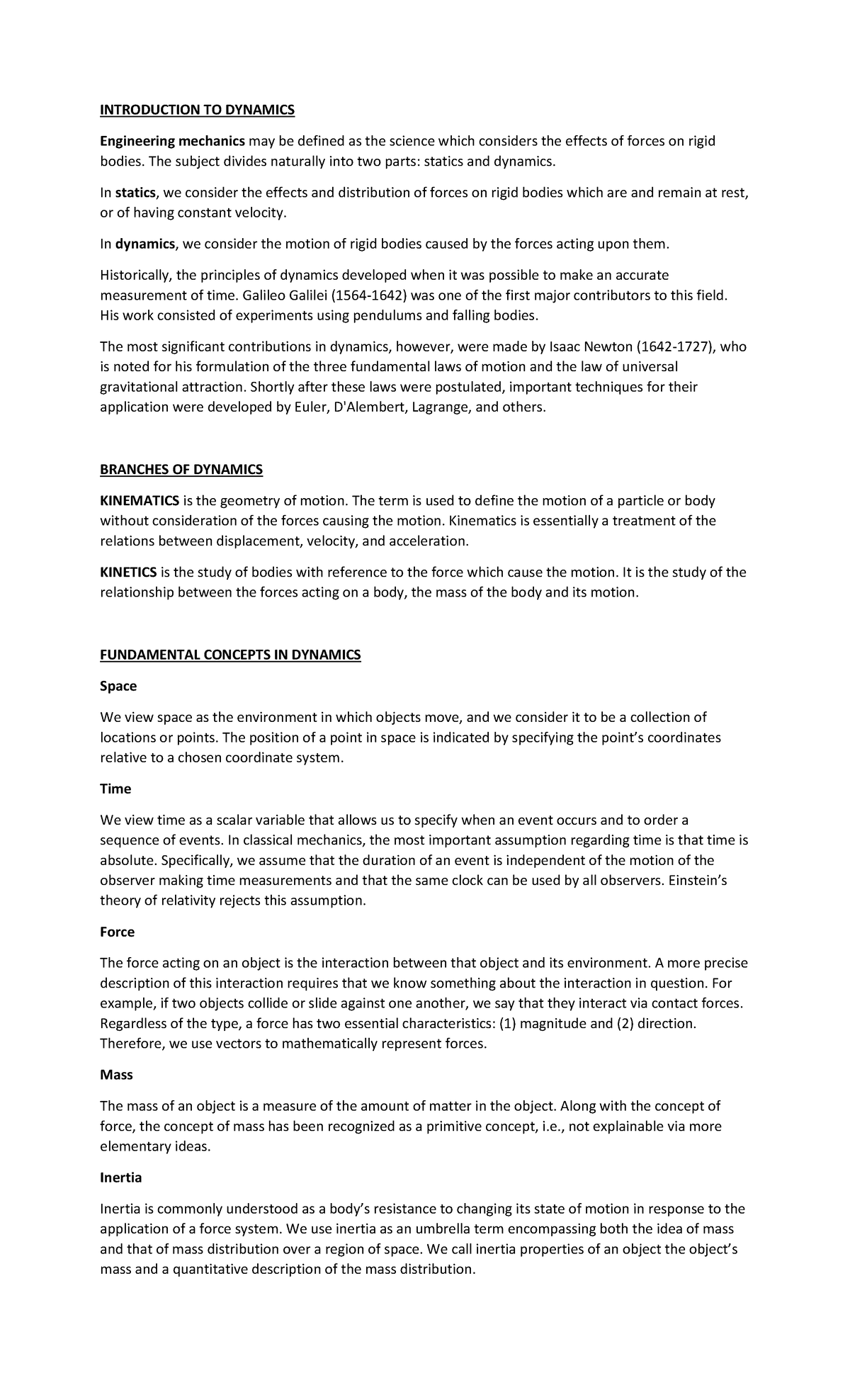 Introduction TO Dynamics - INTRODUCTION TO DYNAMICS Engineering ...