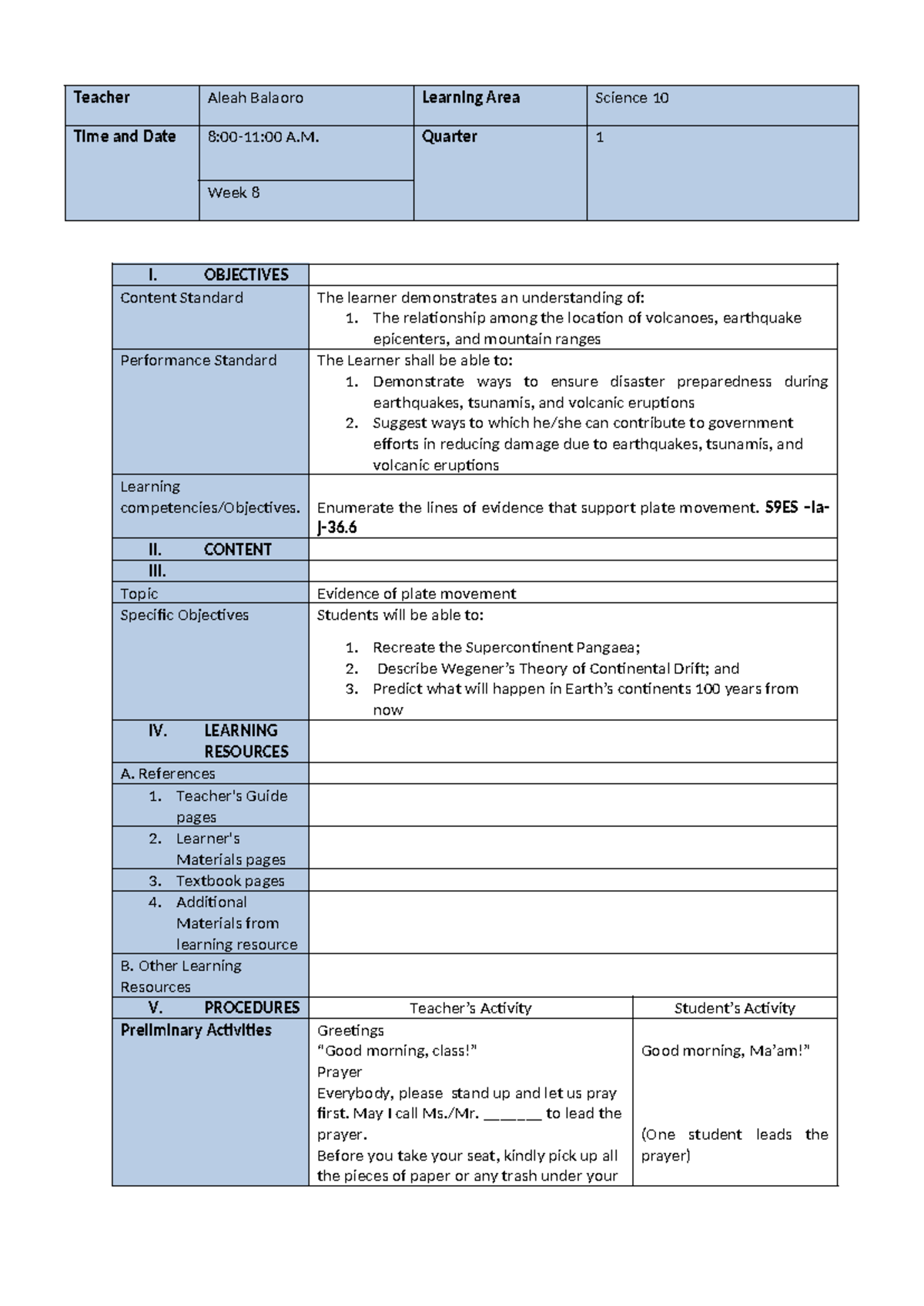 Lesson Plan microteaching in educ week - I. OBJECTIVES Content Standard ...
