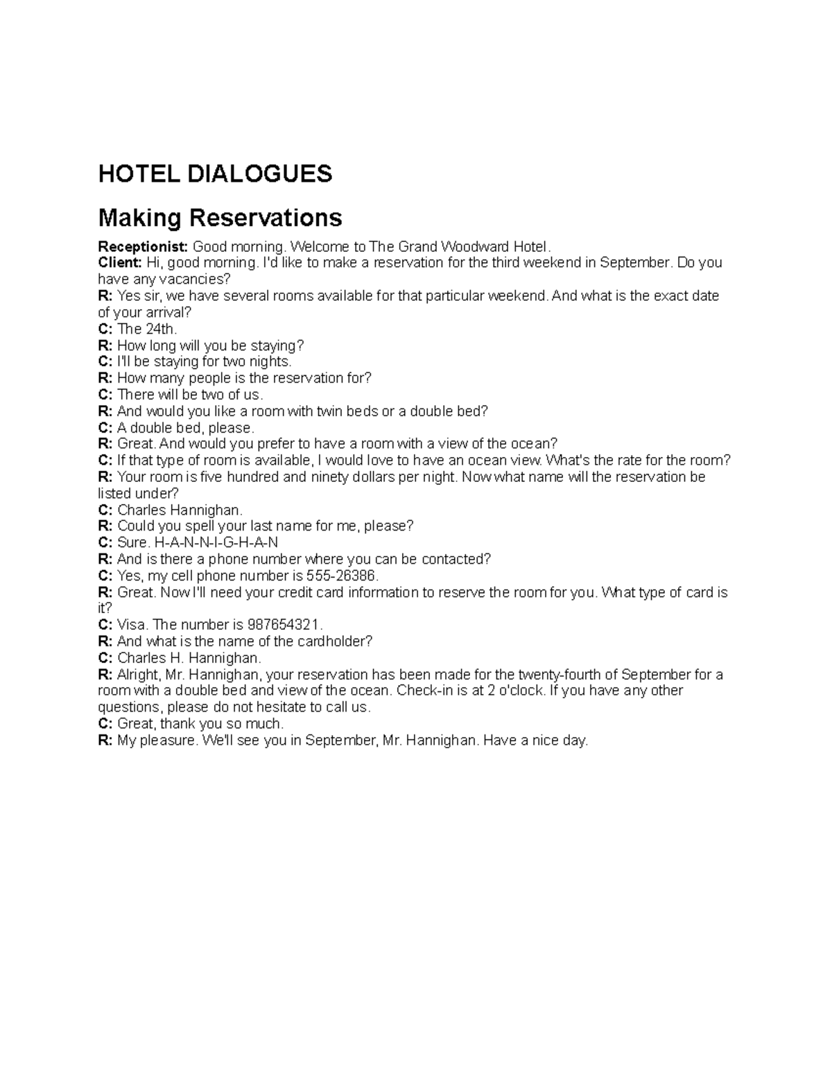 Hotel dialogues - HOTEL DIALOGUES Making Reservations Receptionist ...