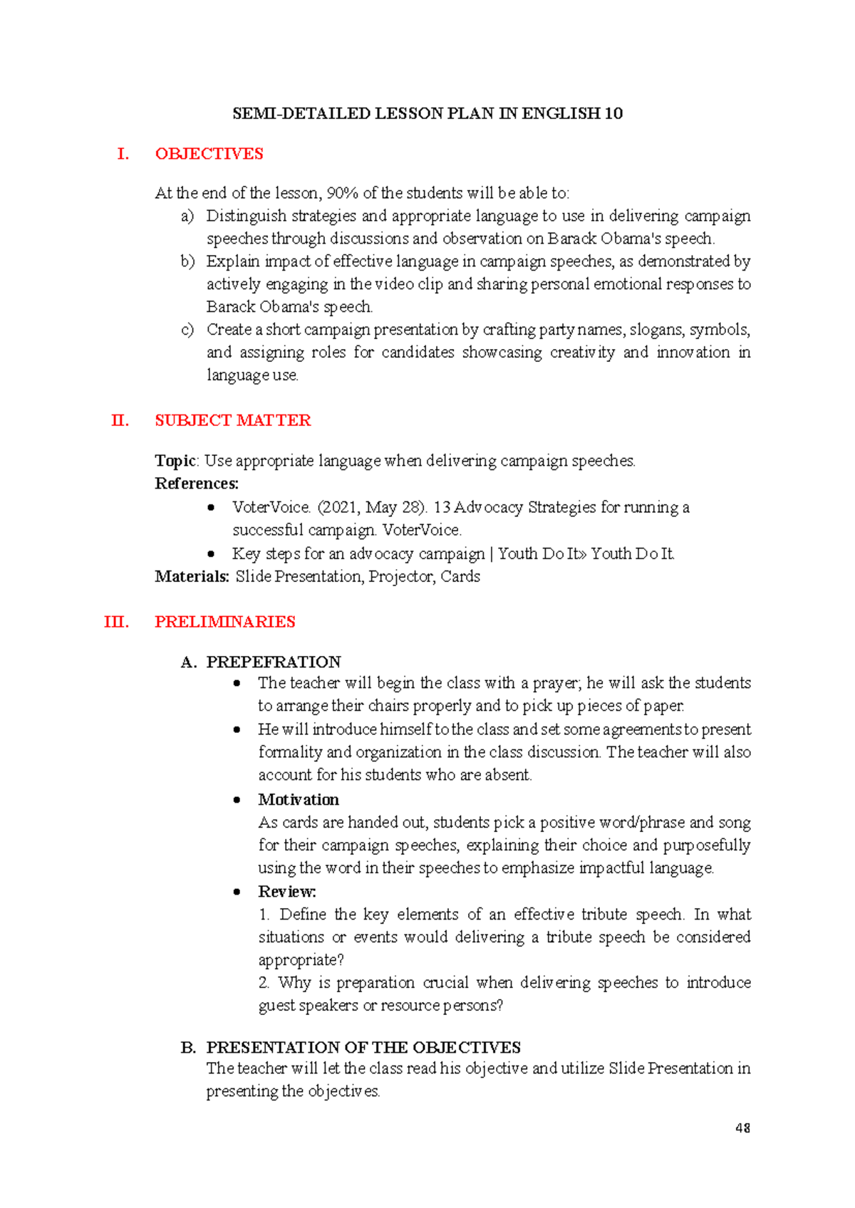D Speaking - lesson plan - SEMI-DETAILED LESSON PLAN IN ENGLISH 10 I ...