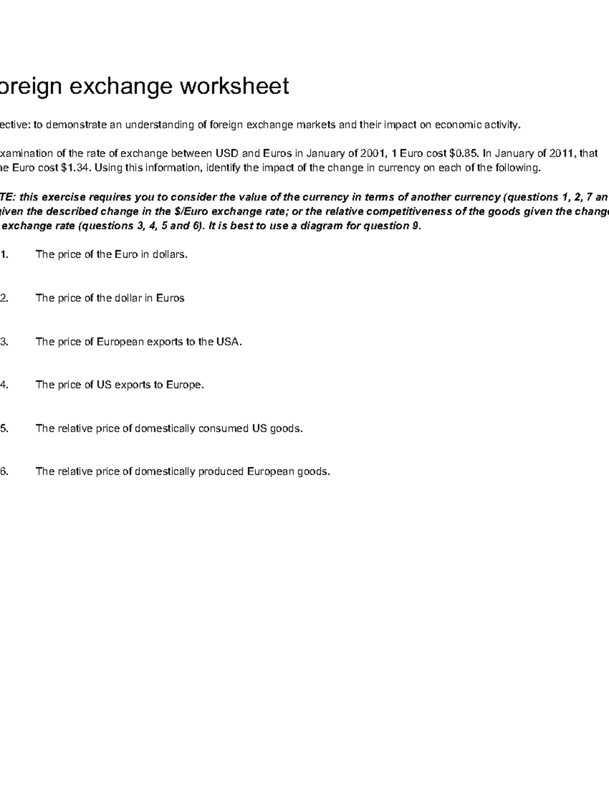 Foreign Exchange Worksheet - exchange worksheet to demonstrate an ...