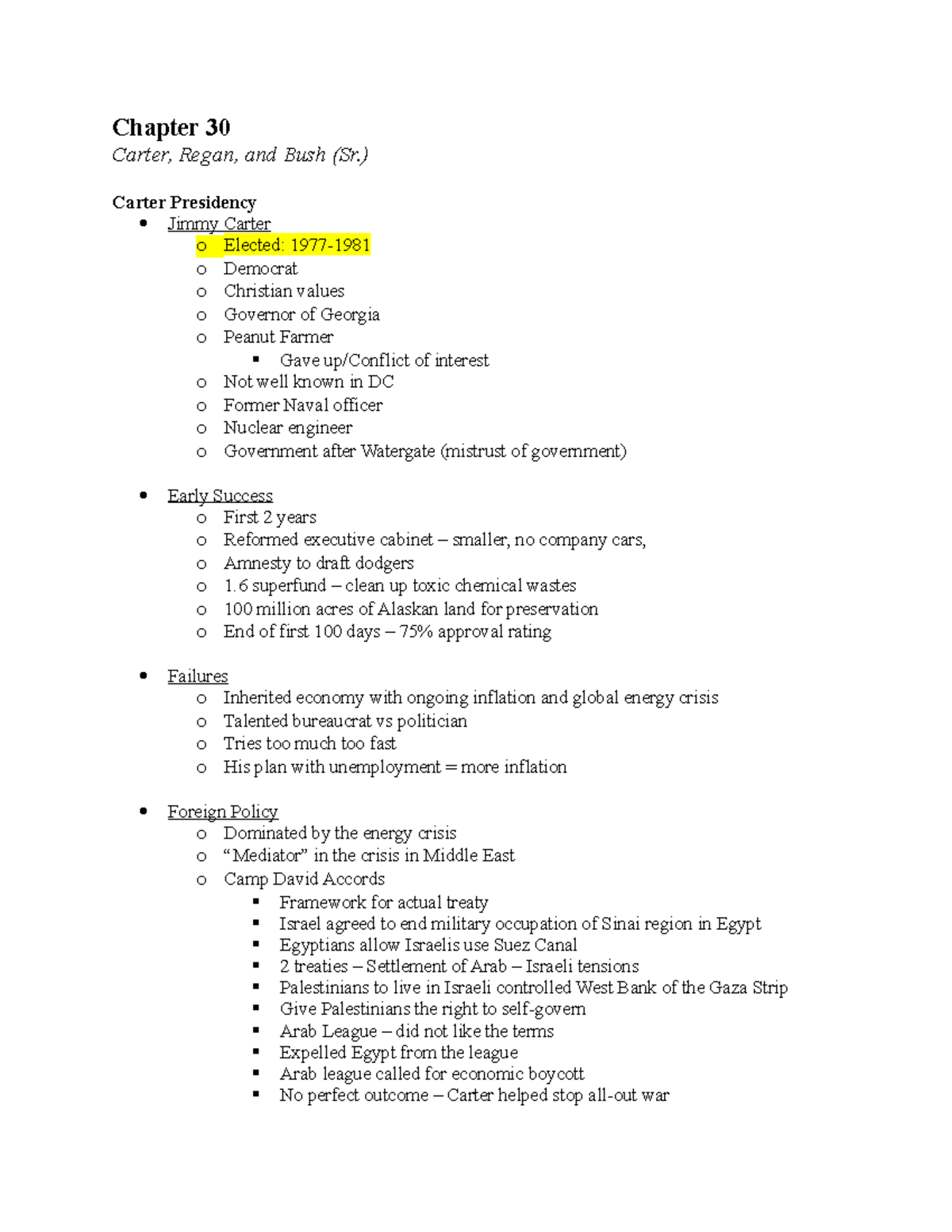Chapter 30 - Carter, Regan, and Bush (Sr.) - ) Carter Presidency Jimmy ...
