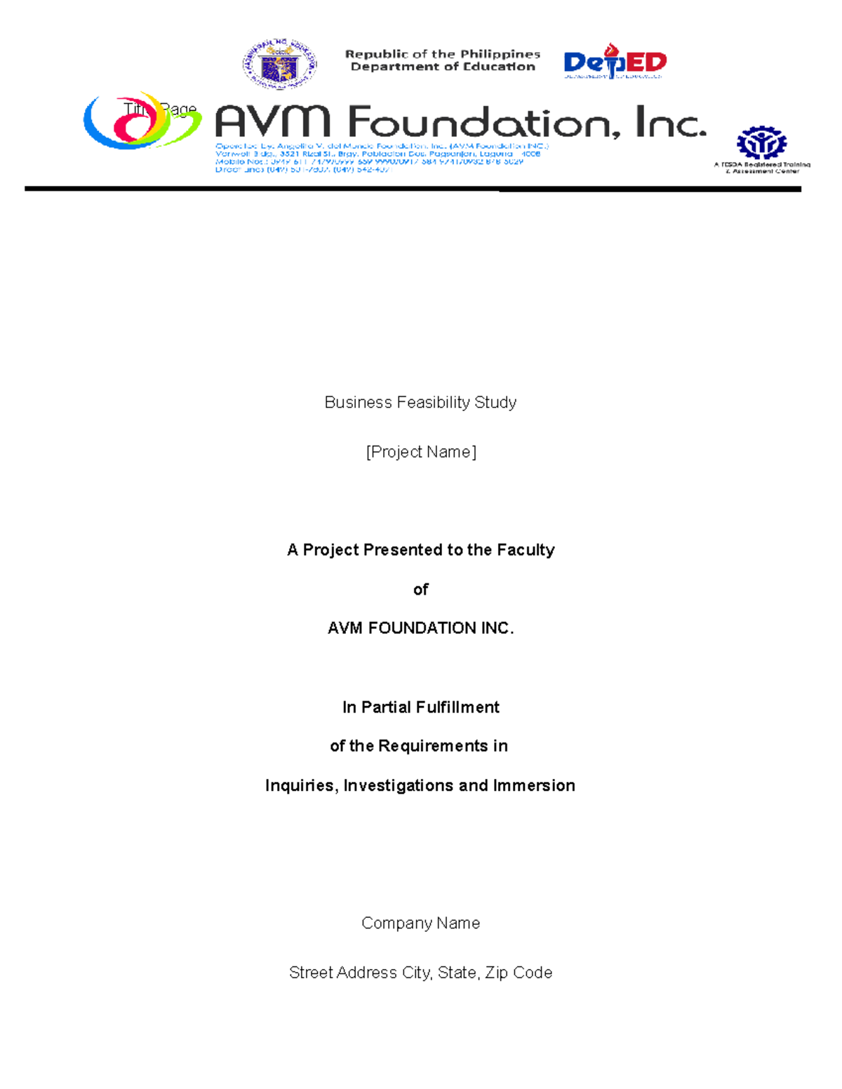 Feasib Study - Title Page Business Feasibility Study [Project Name] A ...
