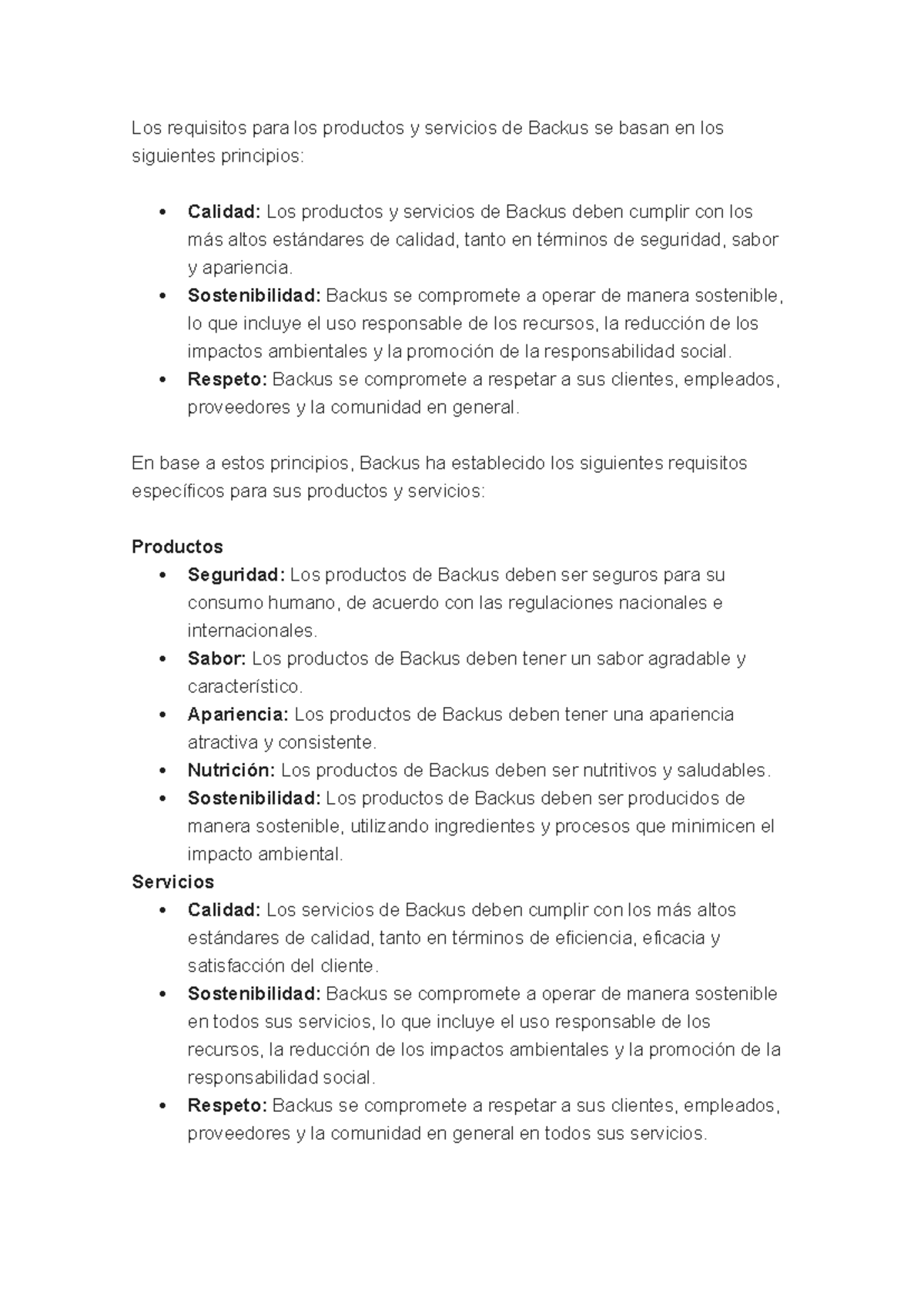 Los requisitos para los productos y servicios de Backus - Sostenibilidad: Backus se compromete a ...