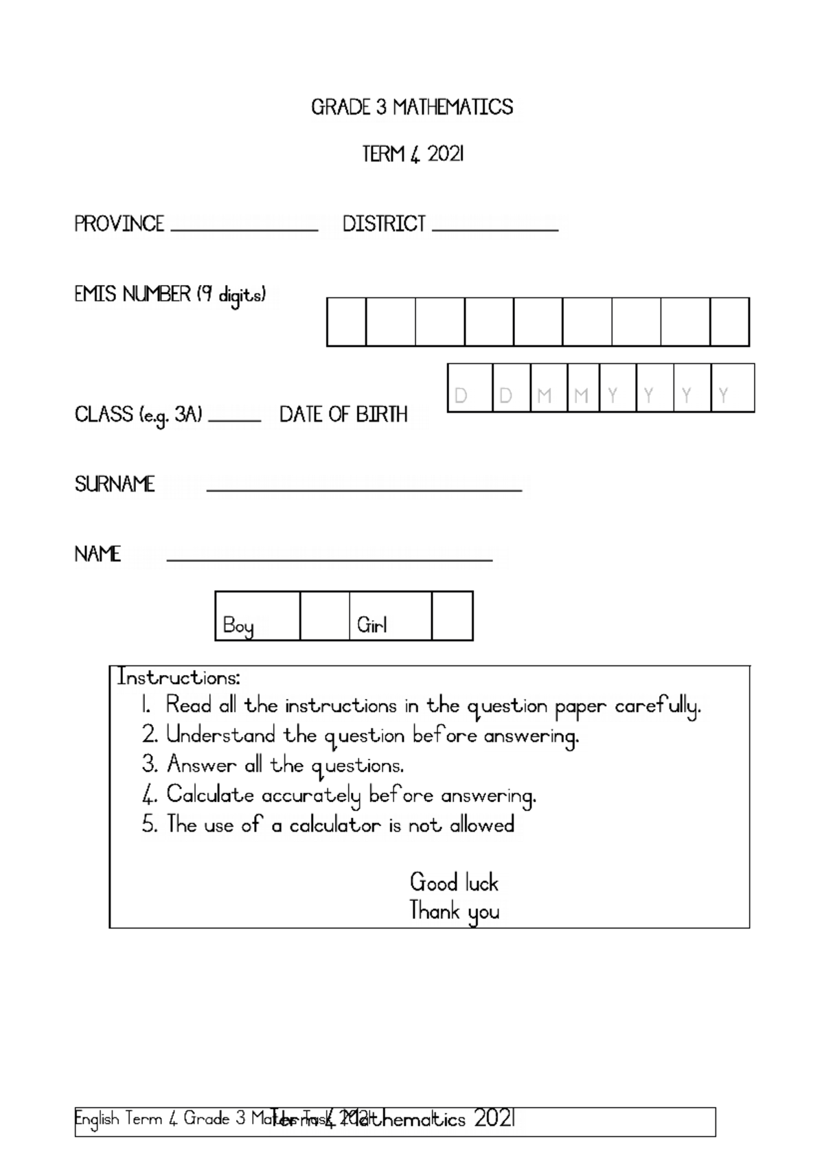 English Term 4 Grade 3 Maths Task 2021 Final - EDUB2724 - UFS UV - Studocu