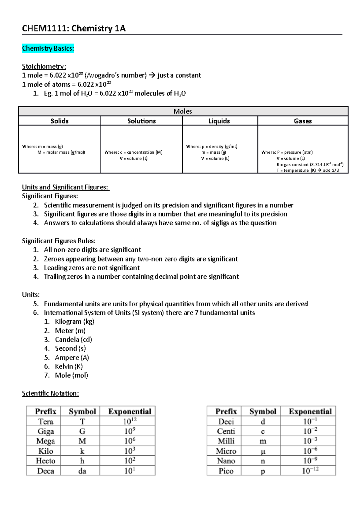 CHEM1111 - Full semester lecture notes - CHEM1111: Chemistry 1A ...
