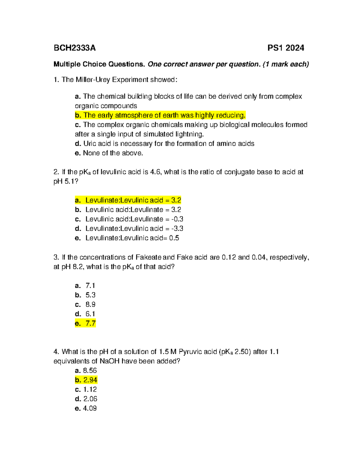 PS 1 Answer Key - BCH2333A PS1 20 24 Multiple Choice Questions. One ...