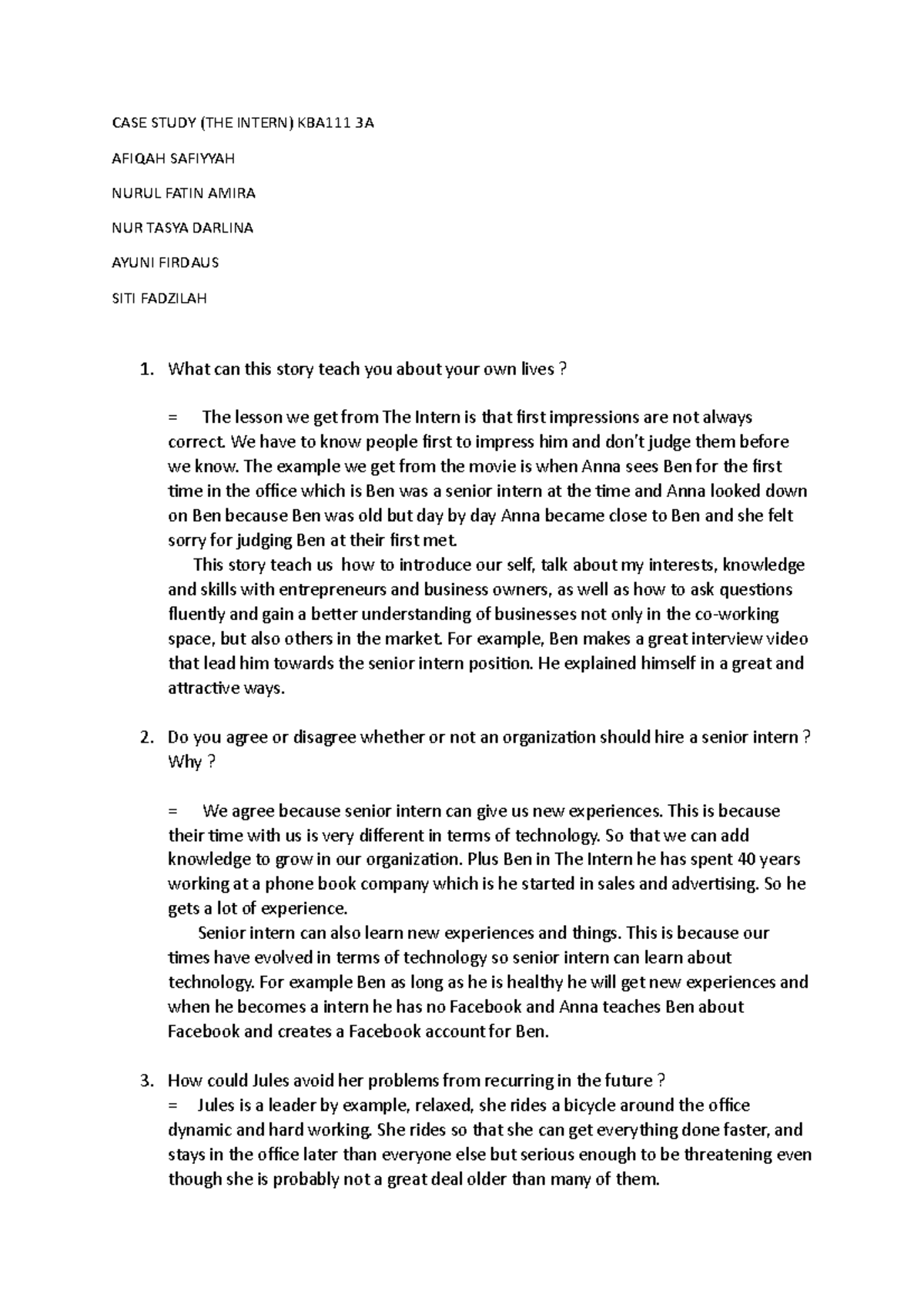 CASE Study K BA111 3A - CASE STUDY (THE INTERN) KBA111 3A AFIQAH ...