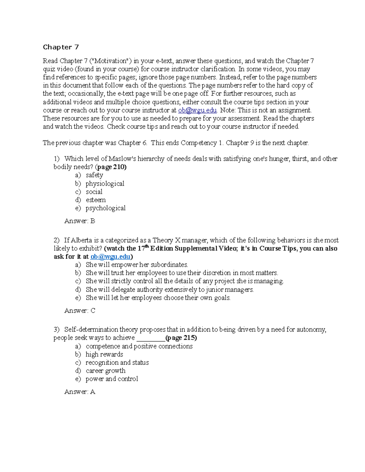 Chapter 7 questions - ... - Chapter 7 Read Chapter 7 ("Motivation") in ...