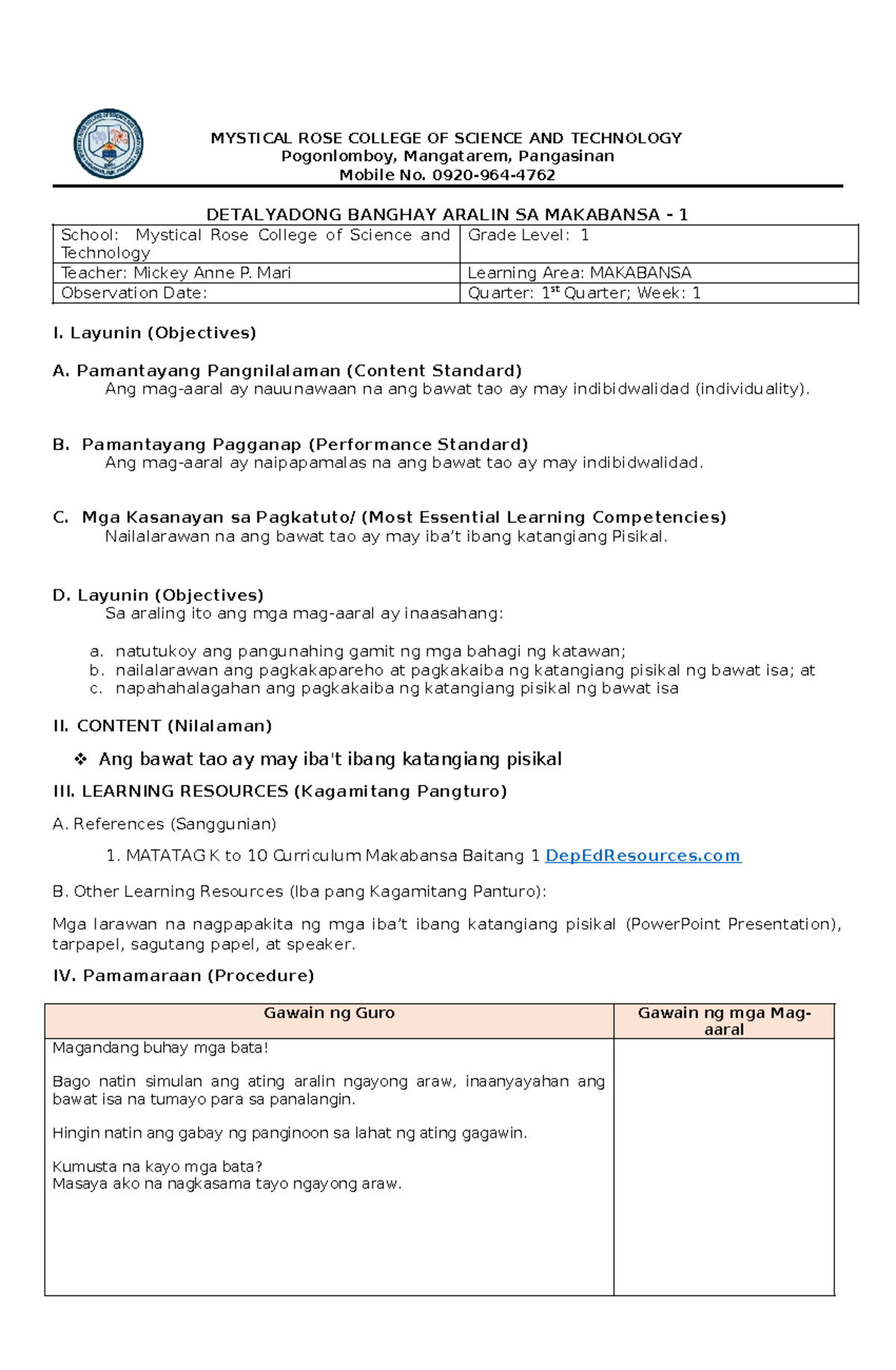 DLP-Sample - DETAILED LESSON PLAN - MYSTICAL ROSE COLLEGE OF SCIENCE ...