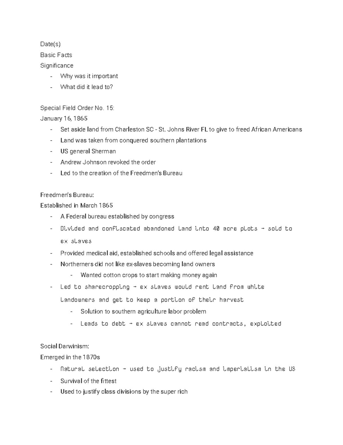 Review Sheet - Date(s) Basic Facts Significance - Why was it important ...