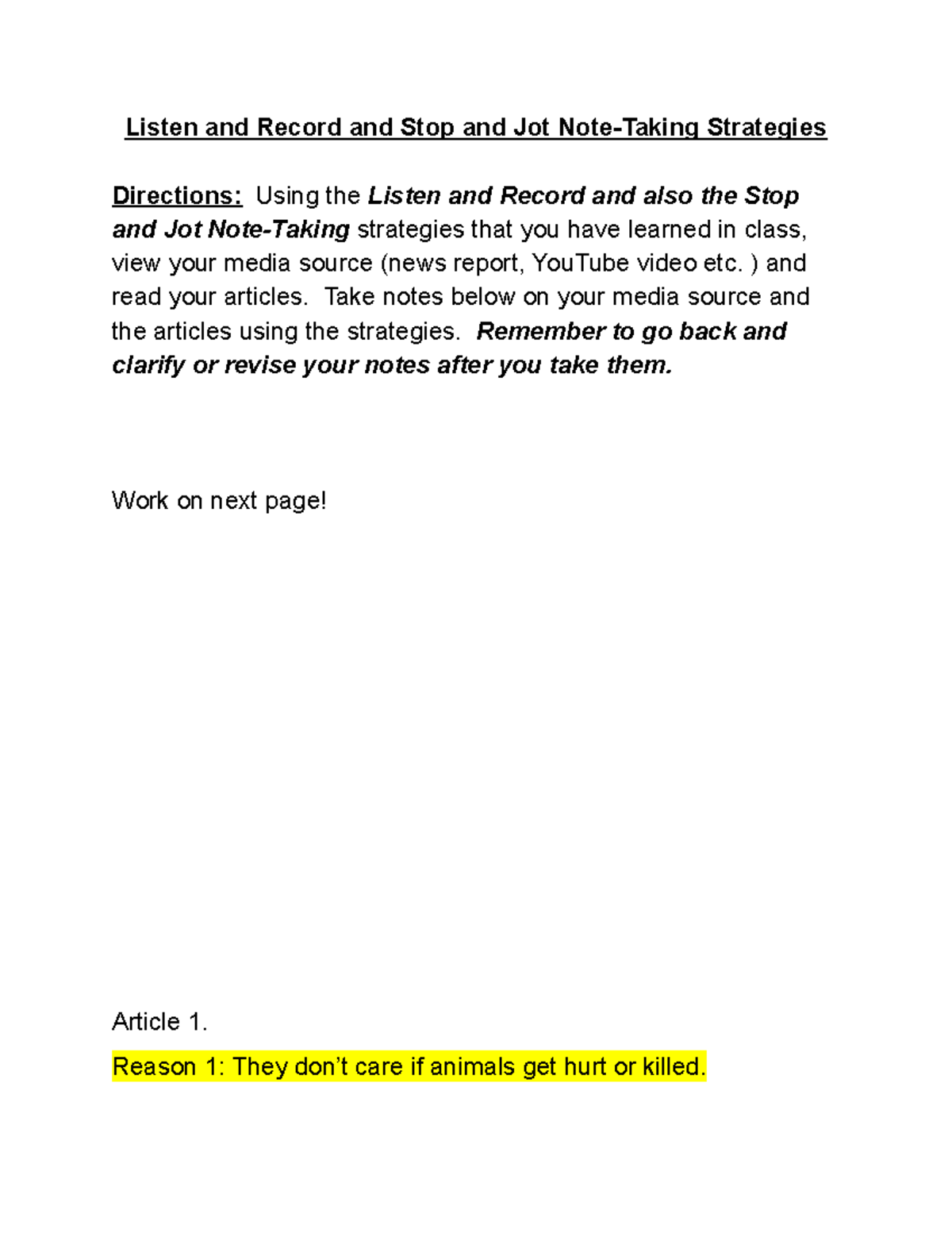 Animal studies - Listen and Record and Stop and Jot Note-Taking ...