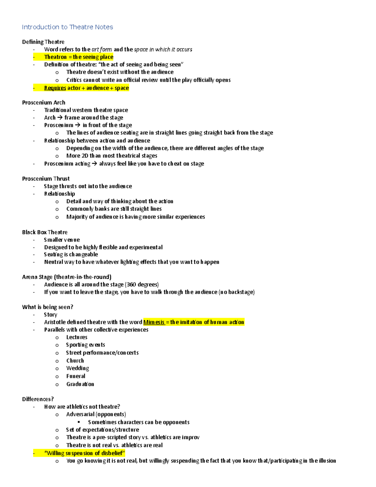 Exam 1 Notes - Introduction to Theatre Notes Defining Theatre - Word ...