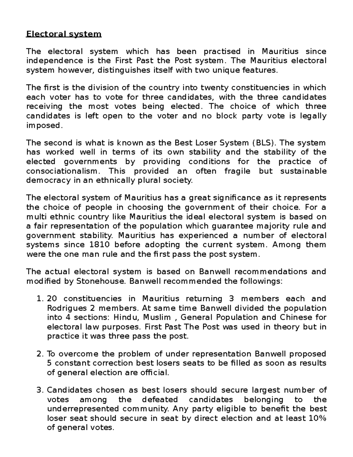 4.Electoral Reform - Lecture notes 1 - Electoral system The electoral ...