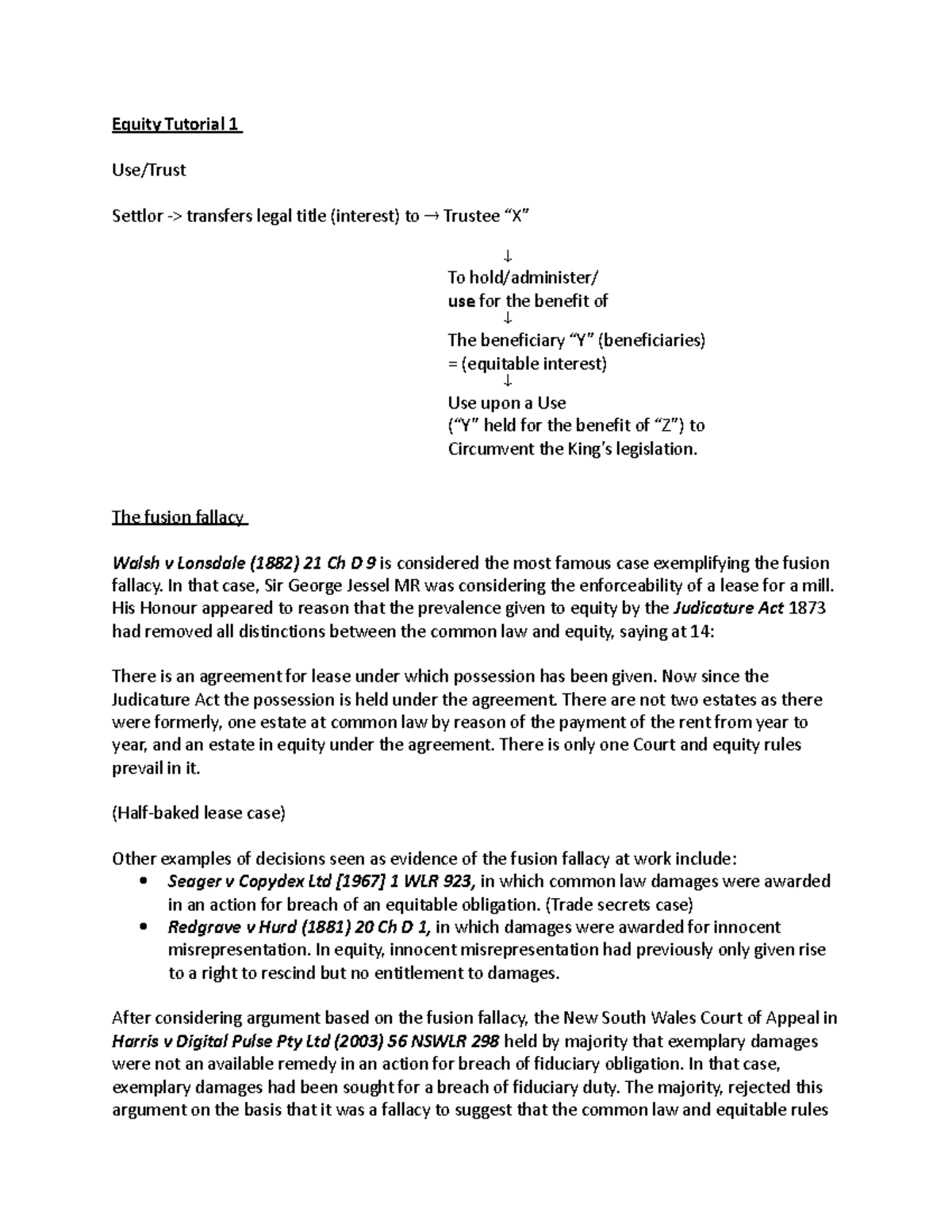 Equity Tutorial 1 - The fusion fallacy Walsh v Lonsdale (1882) 21 Ch D ...
