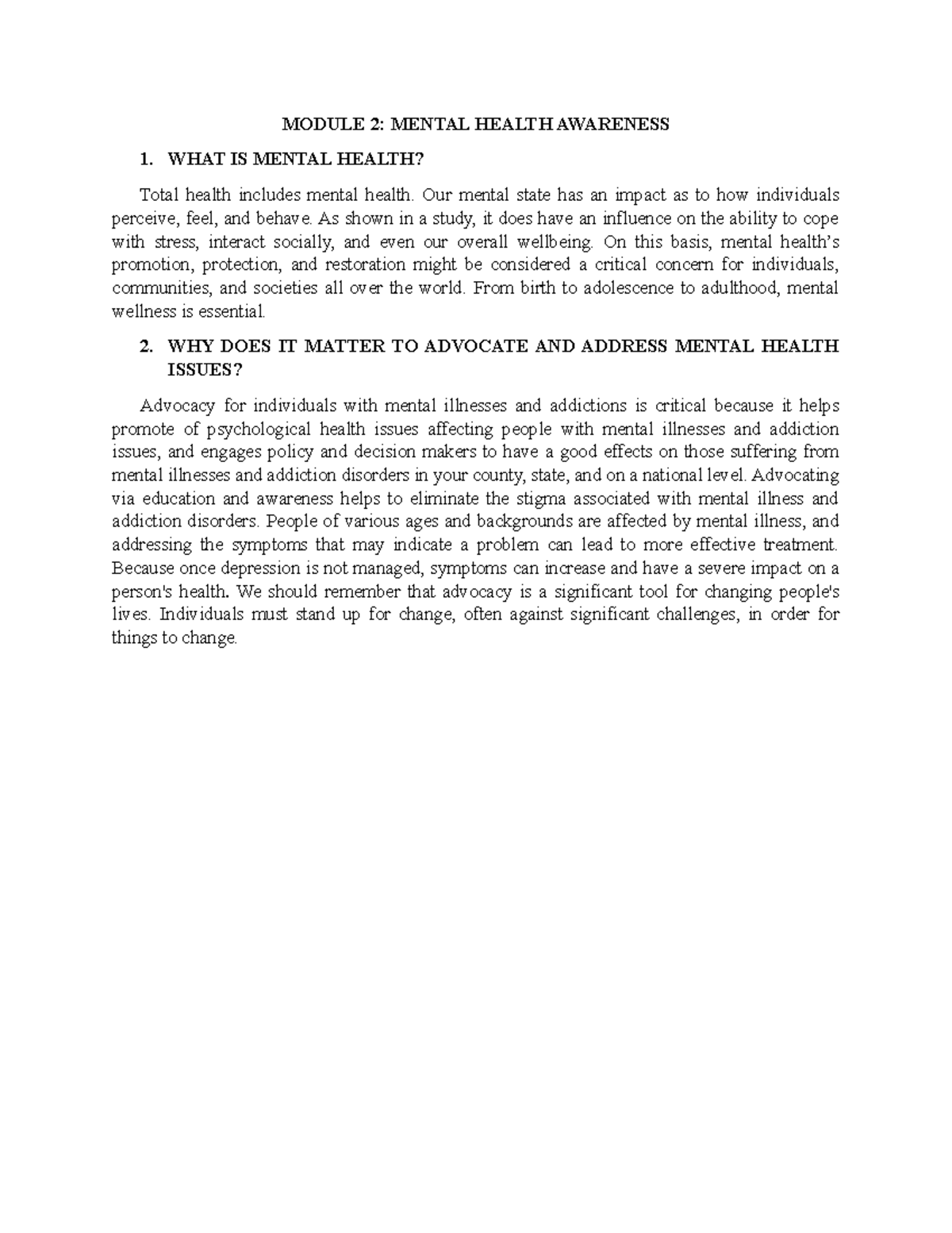 MOD2 - CWTS Assignment - MODULE 2: MENTAL HEALTH AWARENESS 1 IS MENTAL ...