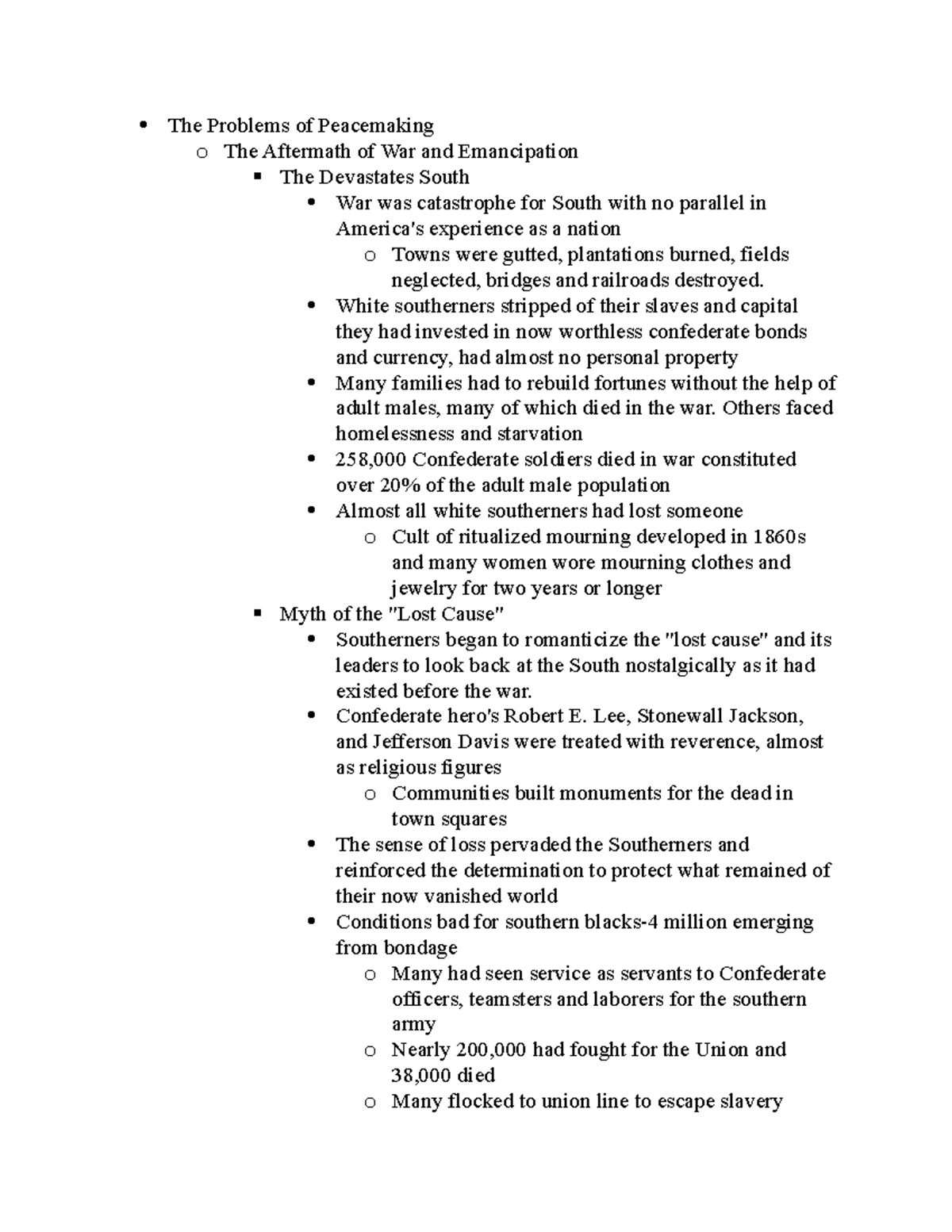 Reconstruction - The Problems of Peacemaking o The Aftermath of War and ...