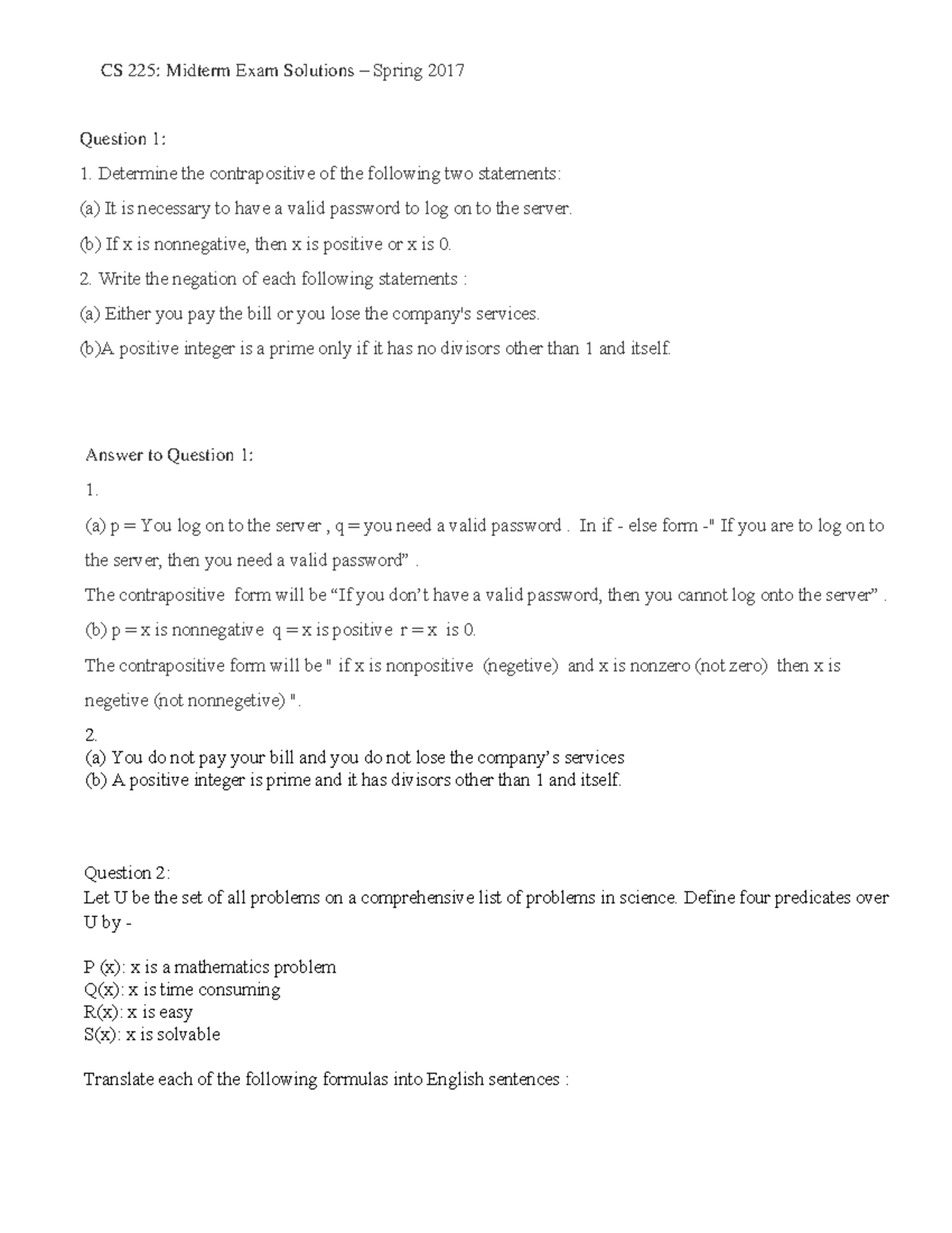Midterm solution 2017 - Answer to assignments - CS 225: Midterm Exam Solutions – Spring 2017 ...