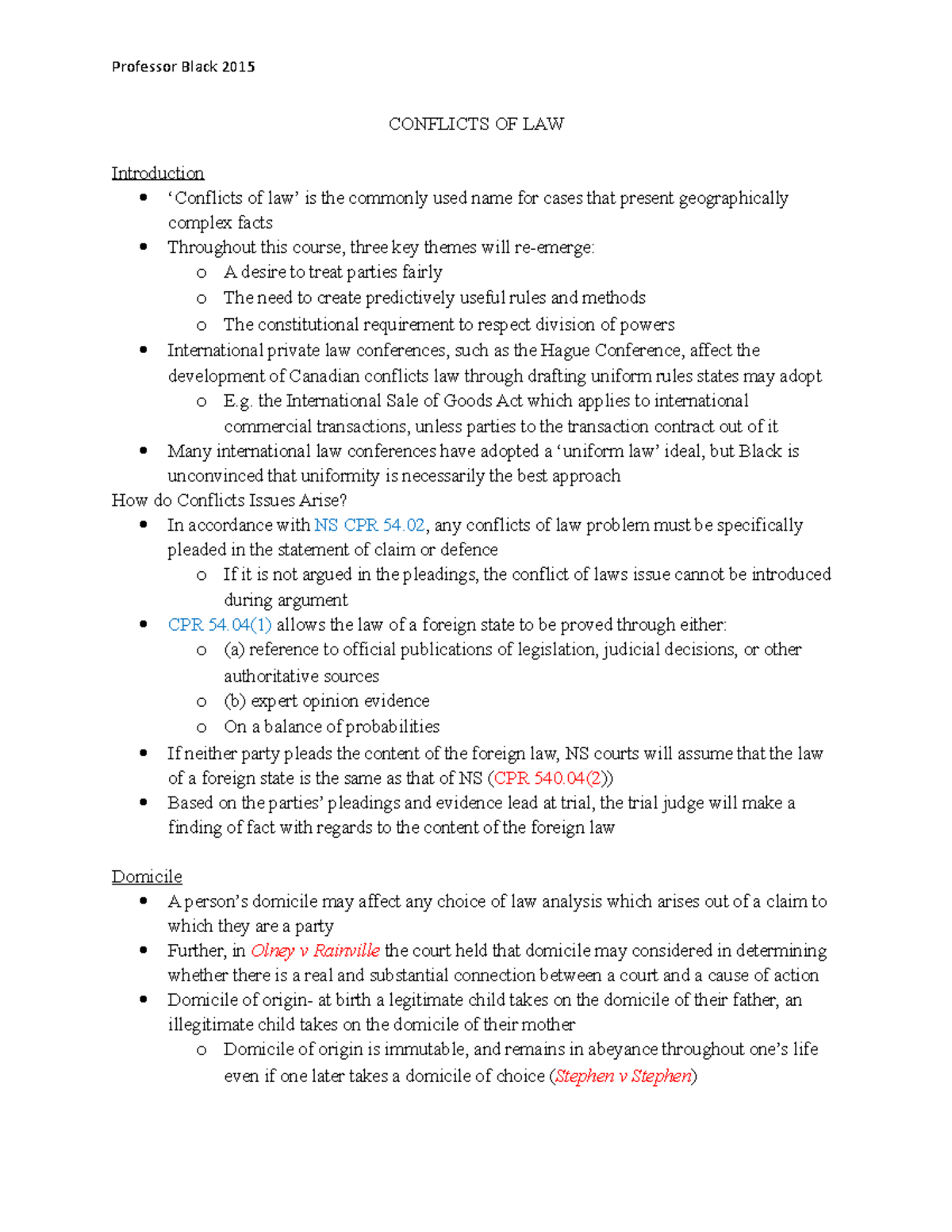LAWS 2005 - Conflicts - Summary Conflict of Laws - Professor Black 2015 ...