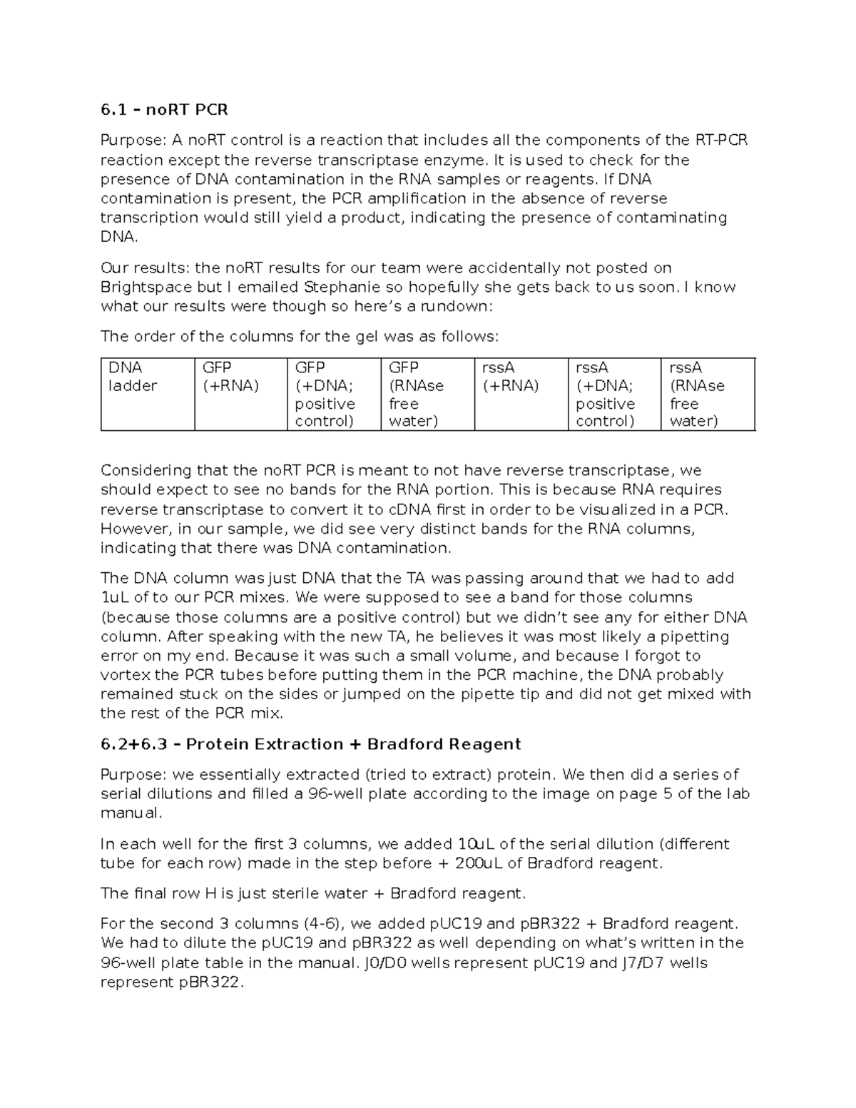 BIO3151 - Notes - 6 – noRT PCR Purpose: A noRT control is a reaction ...