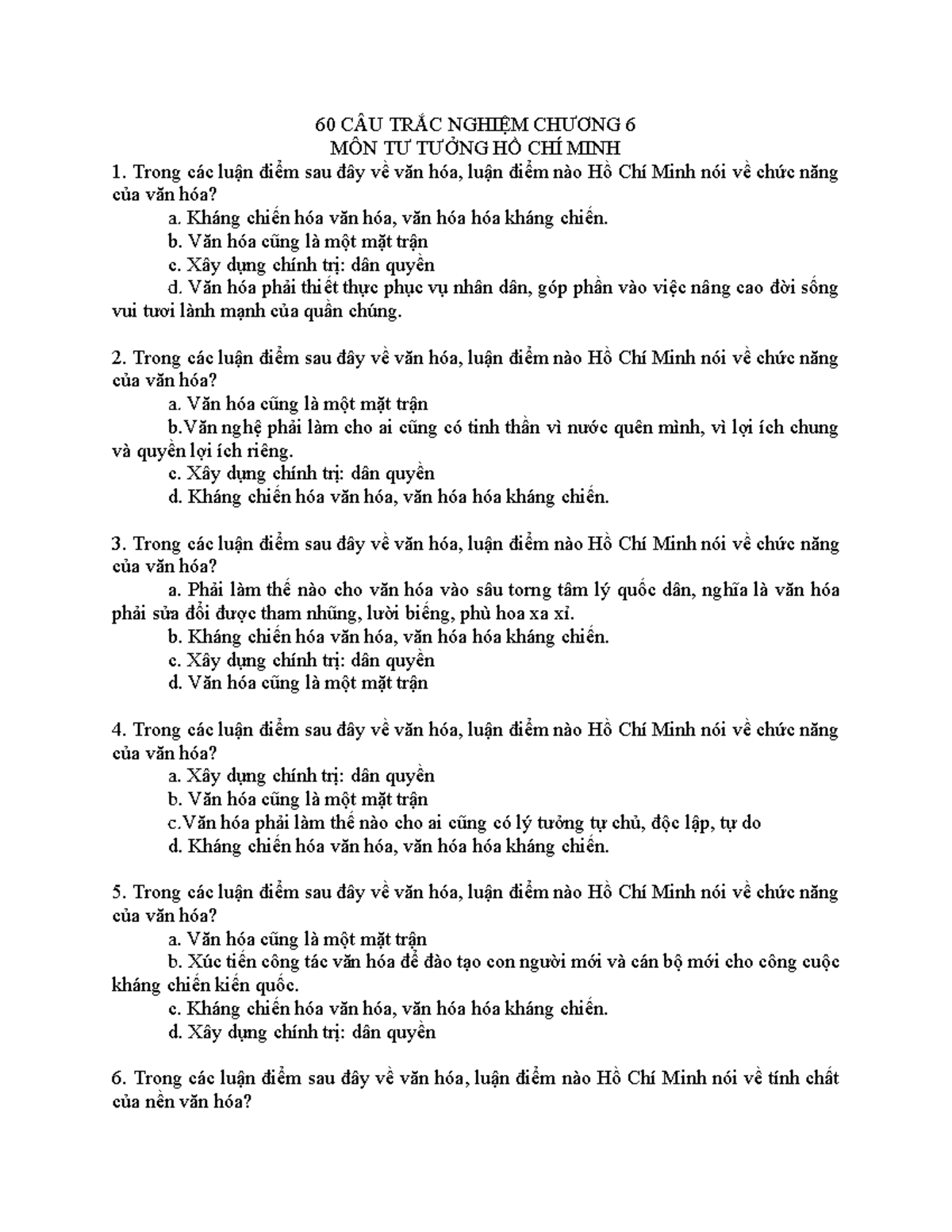 BT TN C - Câu hỏi trắc nghiệm c5 TTHCM - 60 CÂU TRẮC NGHIỆM CHƯƠNG 6 MÔN TƯ TƯỞNG HỒ CHÍ MINH 1 ...