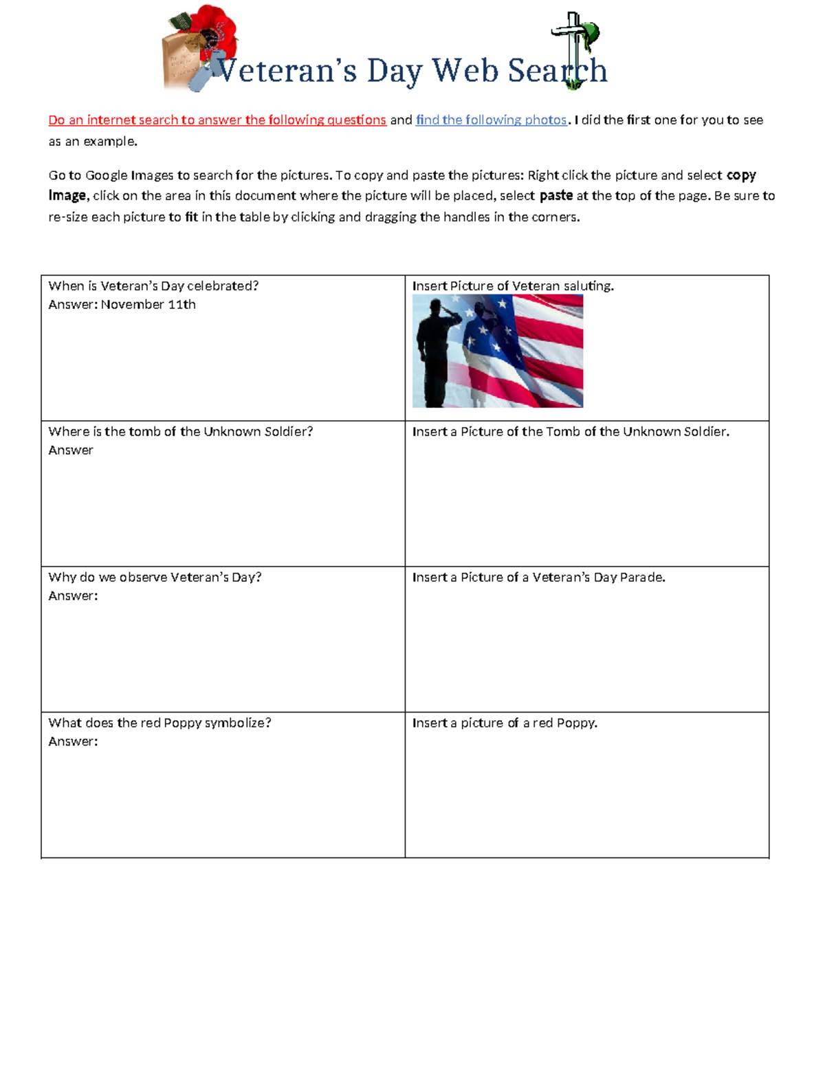 Copy of Veterans Day Webquest - Veteran’s Day Web Search Do an internet ...