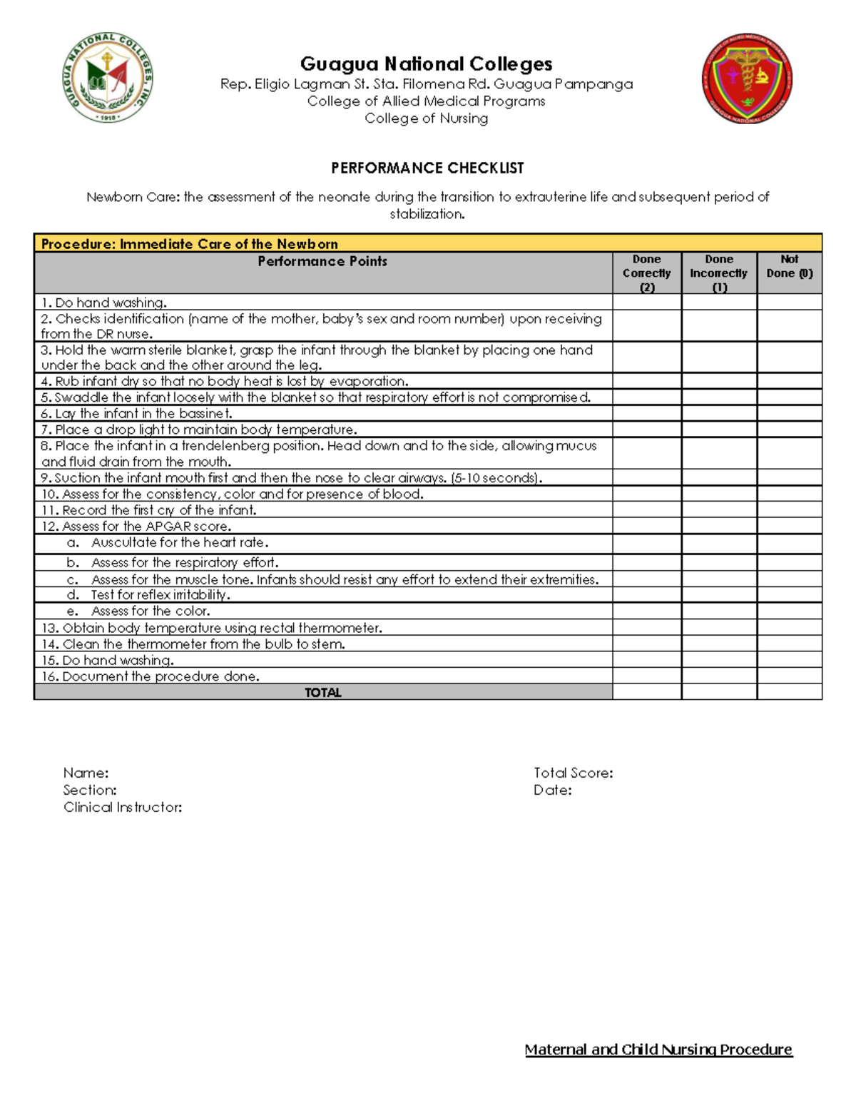 Newborn CARE Checklist Compilation - Rep. Eligio Lagman St. Sta ...