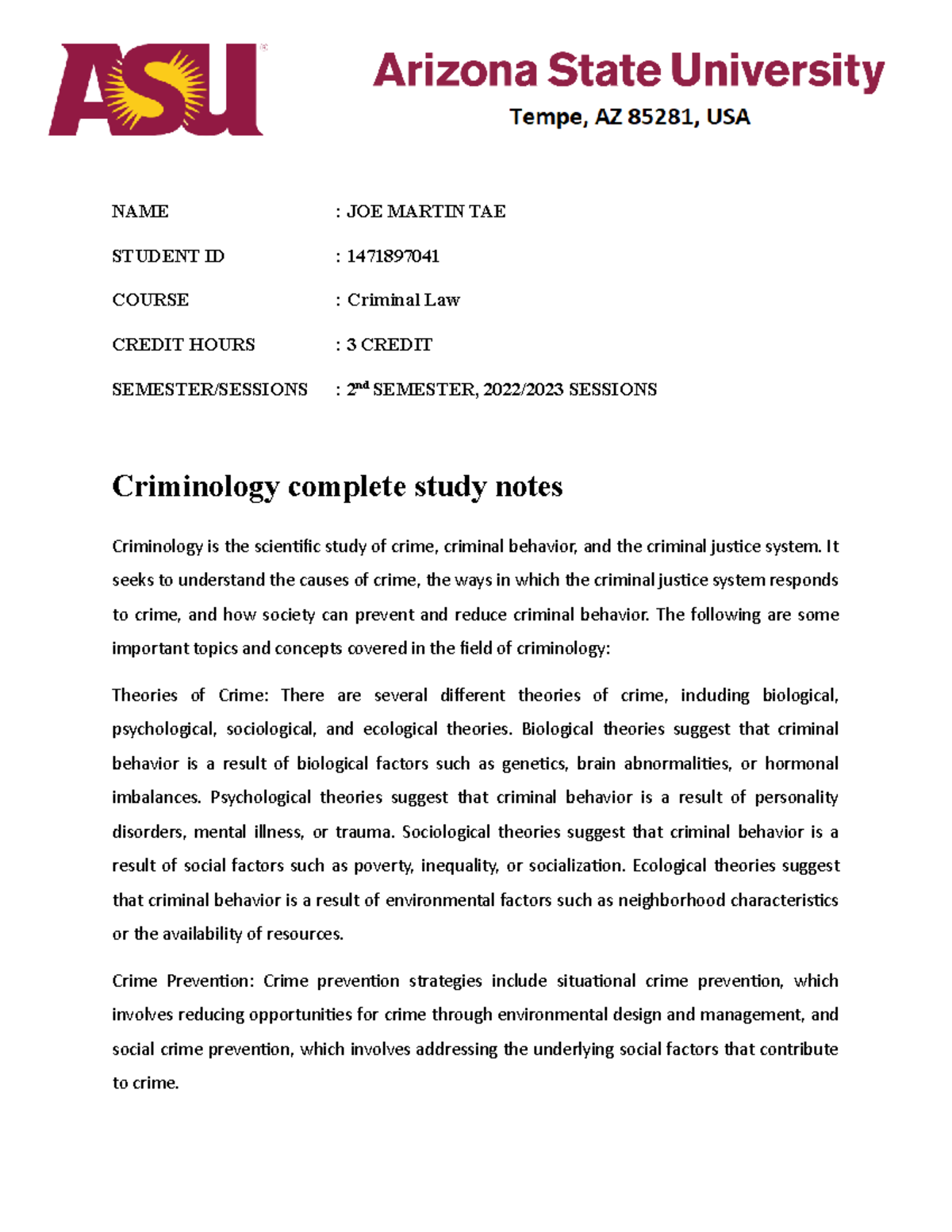 Criminology complete study notes - NAME : JOE MARTIN TAE STUDENT ID ...