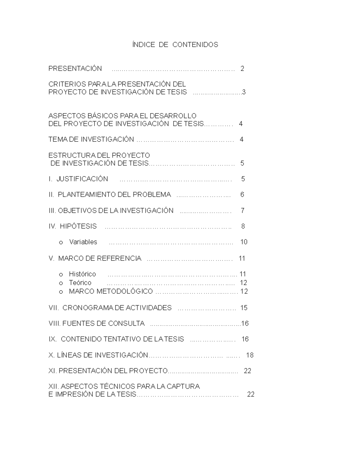 Criterios PARA LA Presentaci n DEL Proyecto DE Tesis NDICE DE