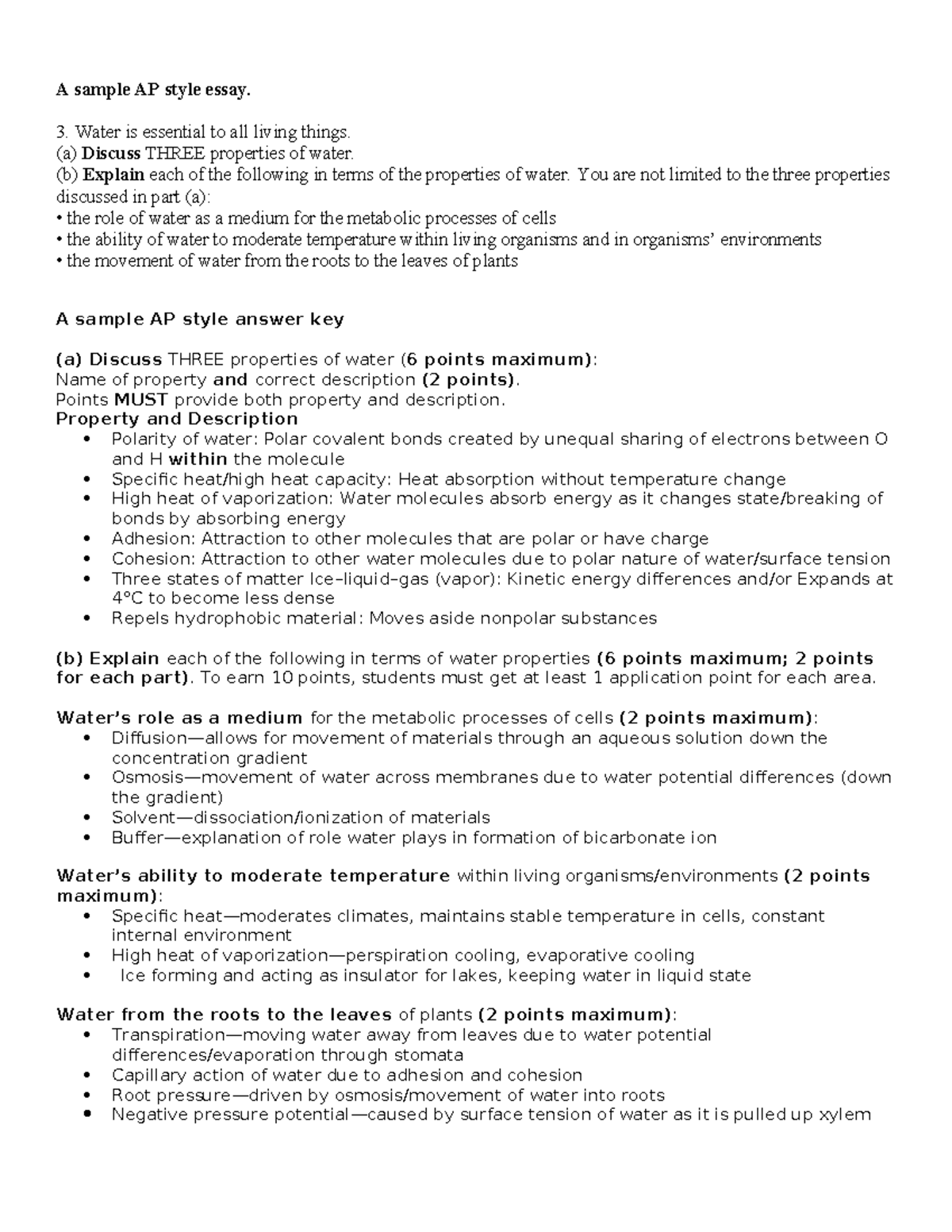 A sample AP style essay - hard - A sample AP style essay. 3. Water is ...