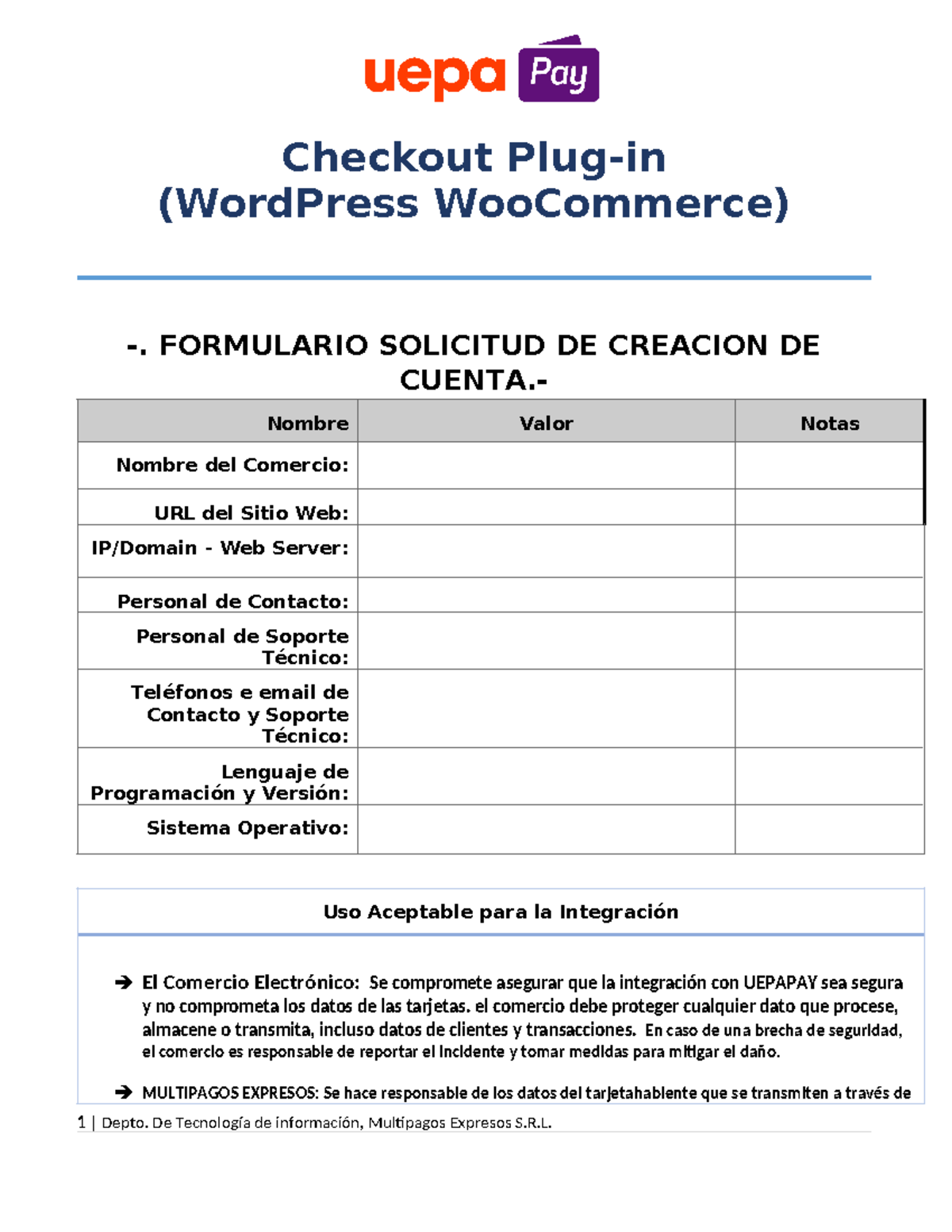 Formulario Solicitud de Cuenta Uepa Pay Checkouts - Checkout Plug-in ...